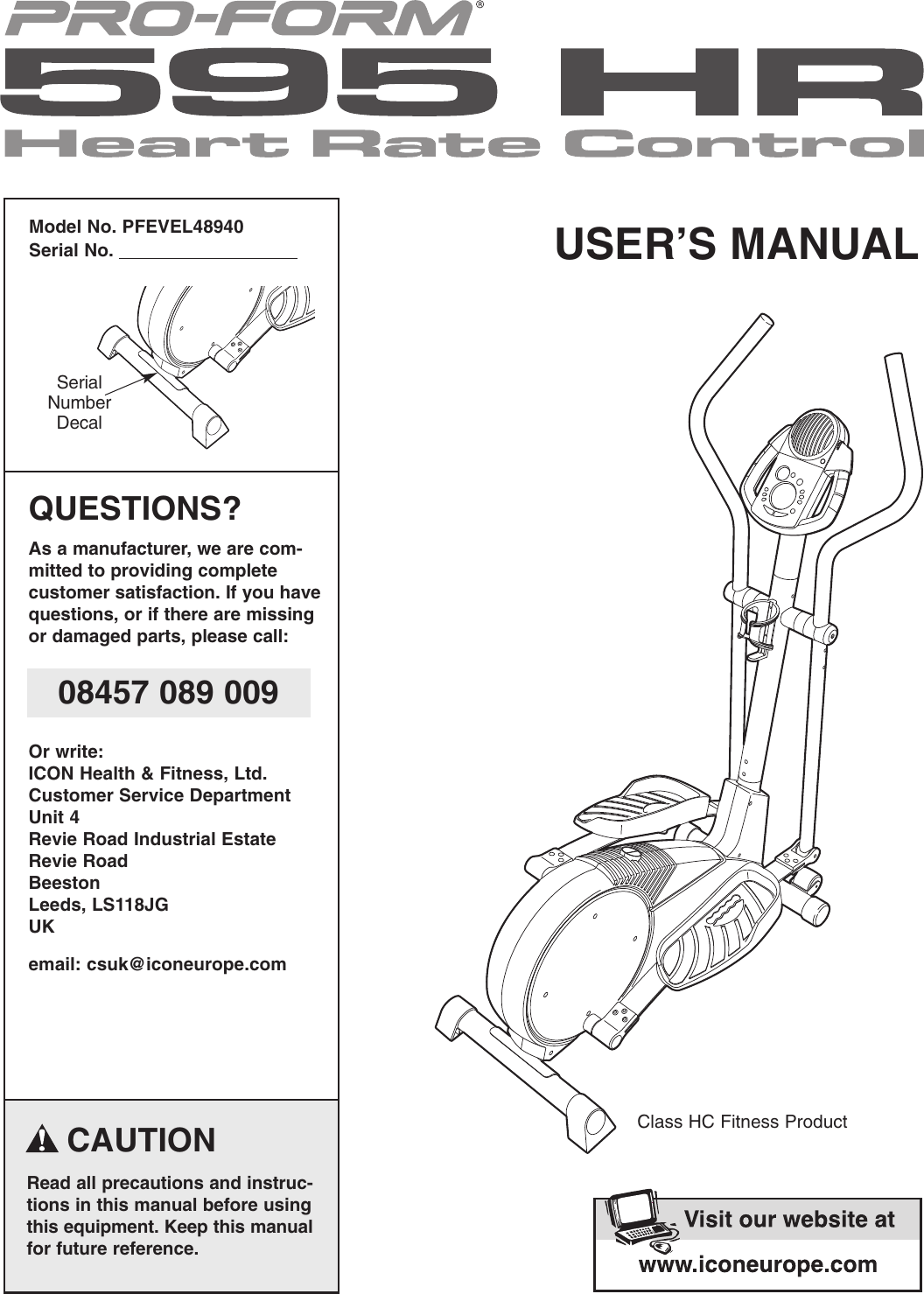 Proform Pfevel48940 595 Hr Elliptical Users Manual PFEVEL48830 202292(UK