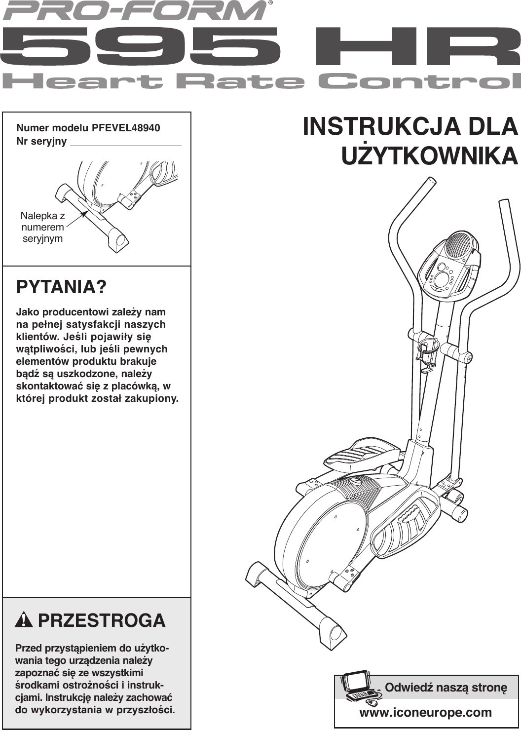 Proform Pfevel48940 595 Hr Elliptical Users Manual PFEVEL48830 202292(UK
