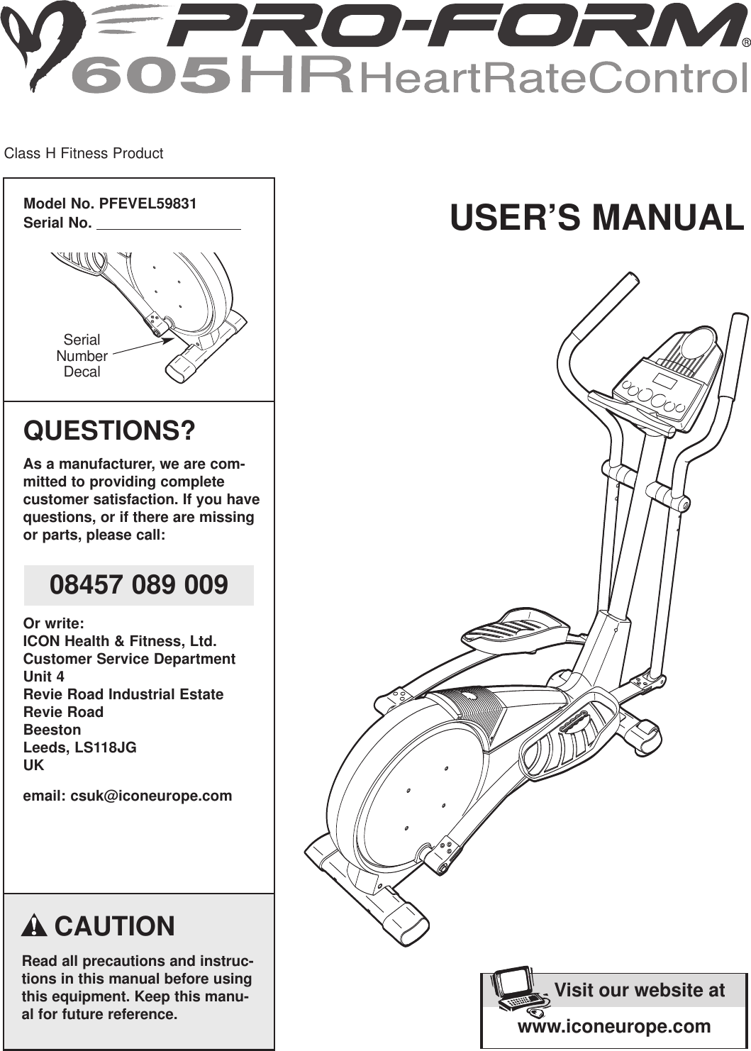 Proform Pfevel59831 605 Hr Elliptical Users Manual