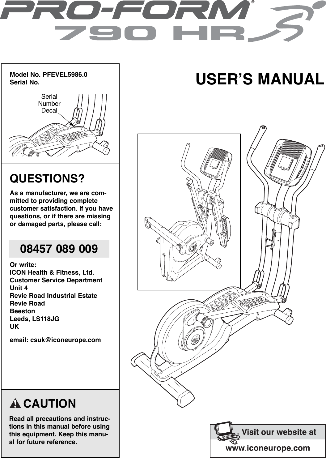 Proform Pfevel59860 790 Hr Elliptical Users Manual PFEVEL5986.0 246427(UK)