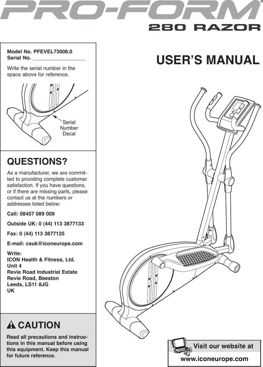 Proform Pfevel730080 280 Razor Elliptical Users Manual 285430