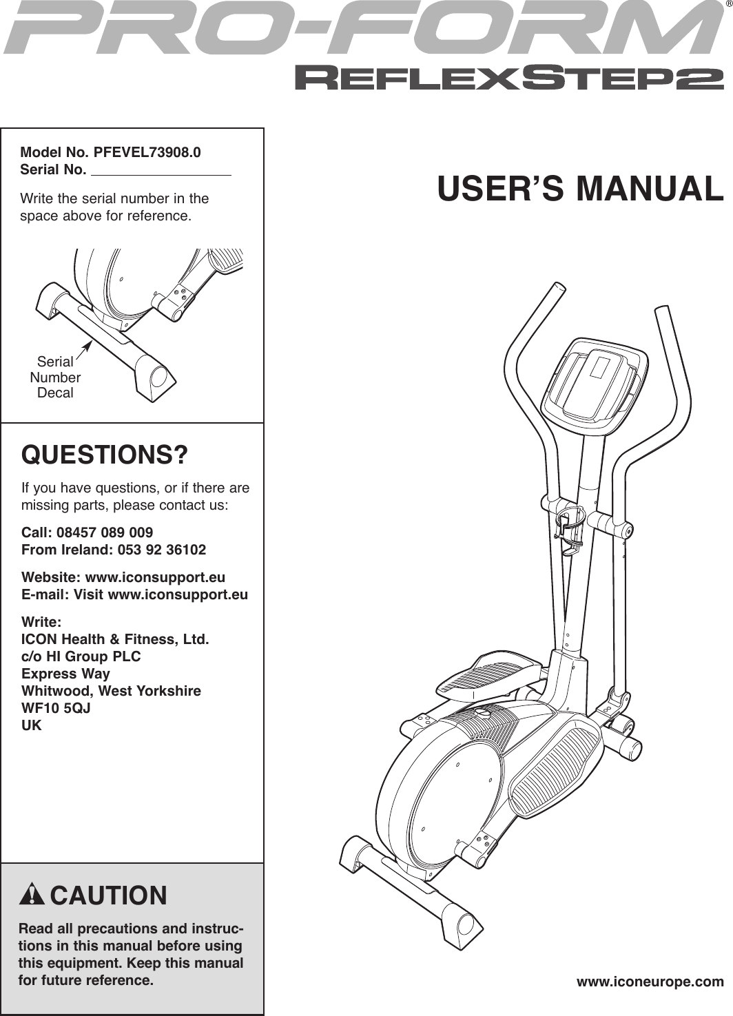Proform Pfevel739080 Reflex Step 2 Gw Elliptical Users Manual 285430
