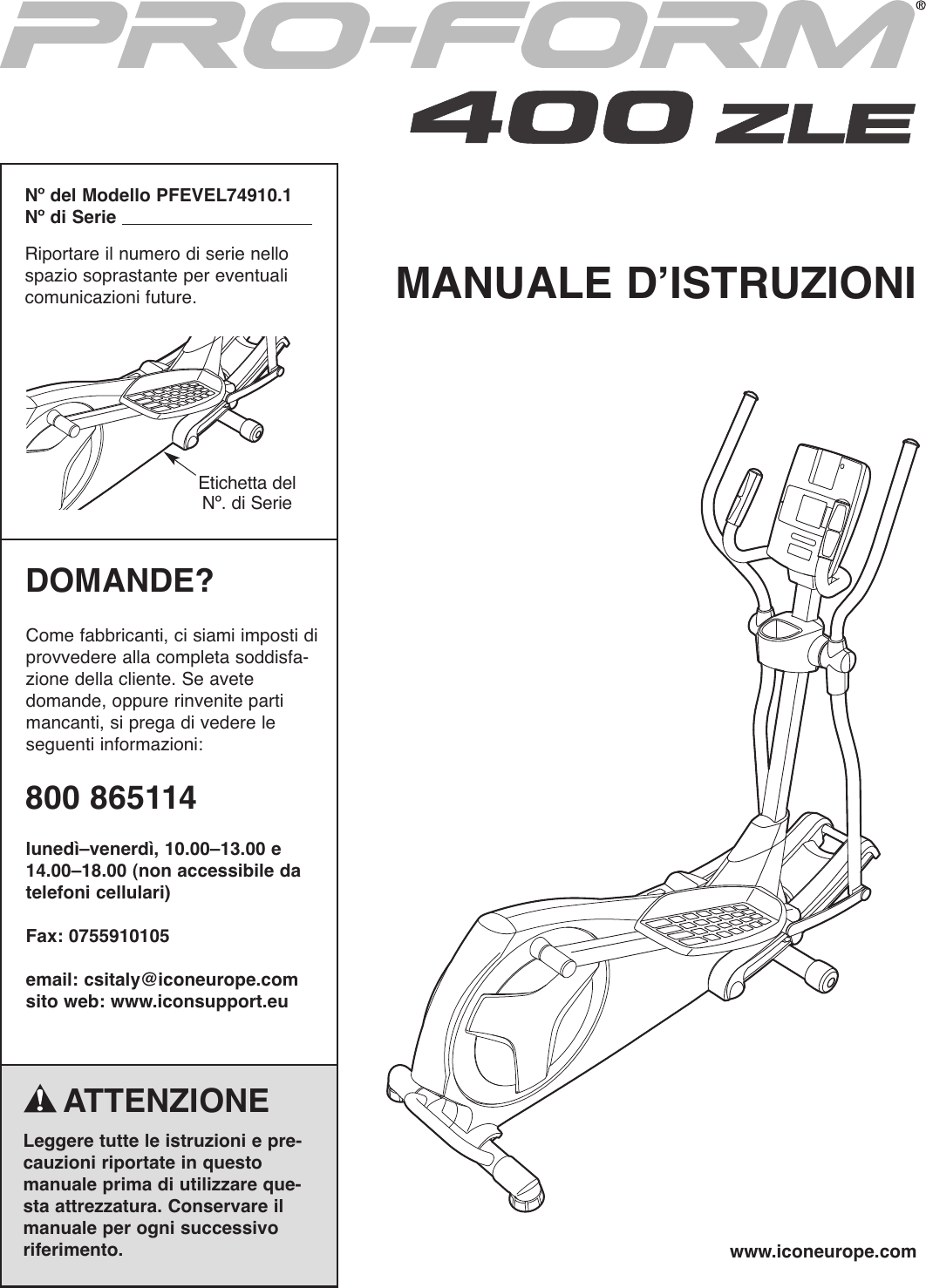 Proform Pfevel749101 400 Zle Elliptical Users Manual 285430