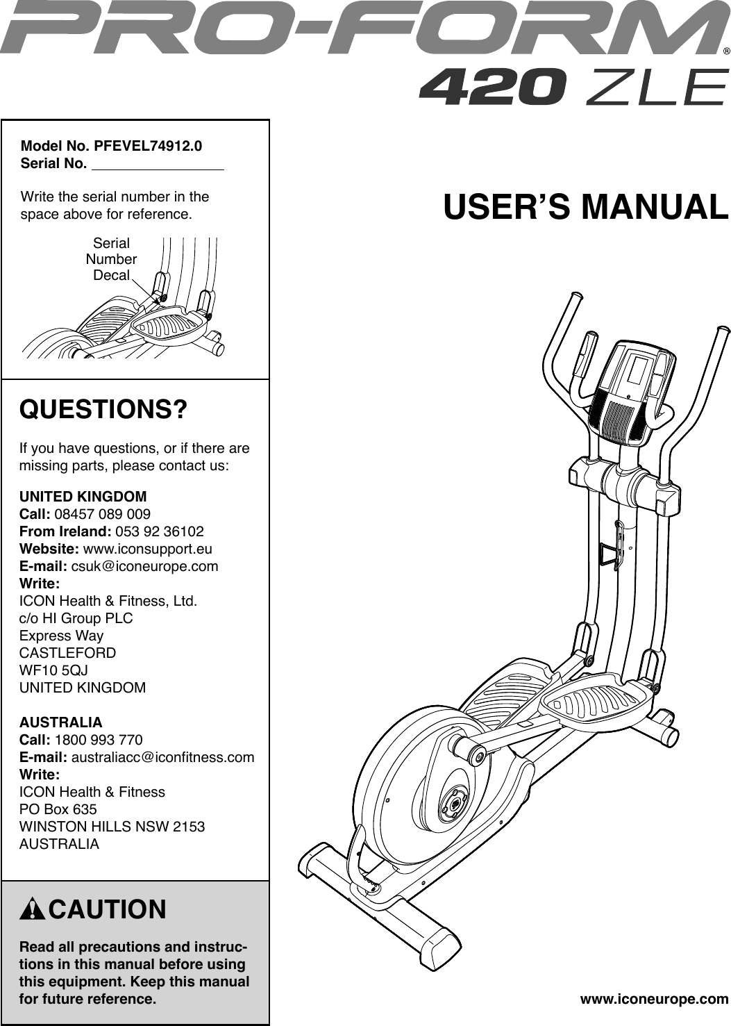 Proform Pfevel749120 420 Zle Elliptical Users Manual