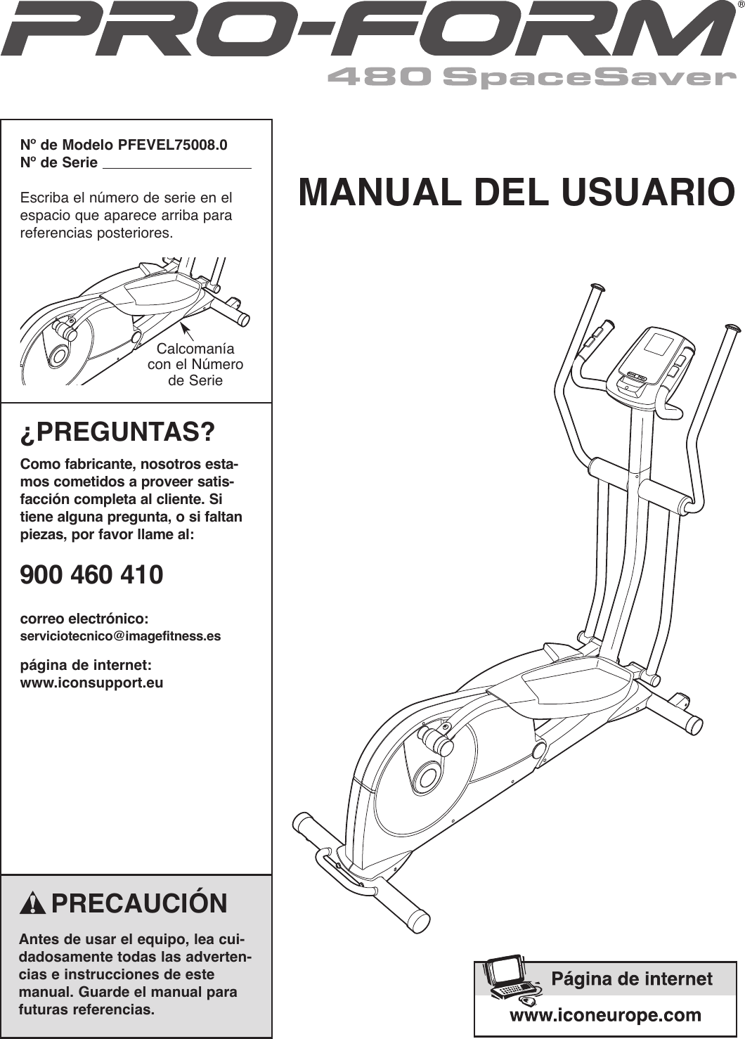 Proform Pfevel750080 480 Spacesaver Elliptical Users Manual 285430
