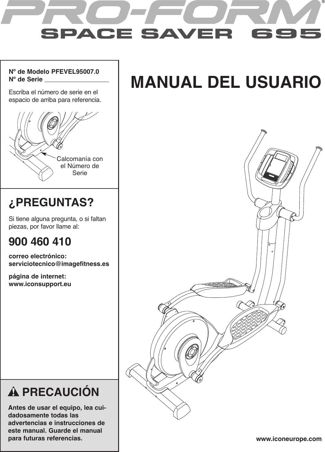 Proform Pfevel950070 Space Saver 695 Elliptical Users Manual 285430
