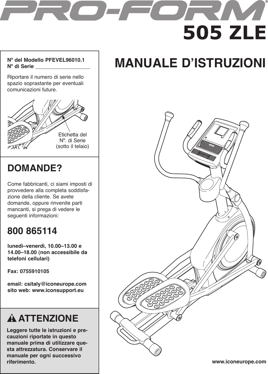 Proform Pfevel960101 505 Zle Elliptical Users Manual 285430