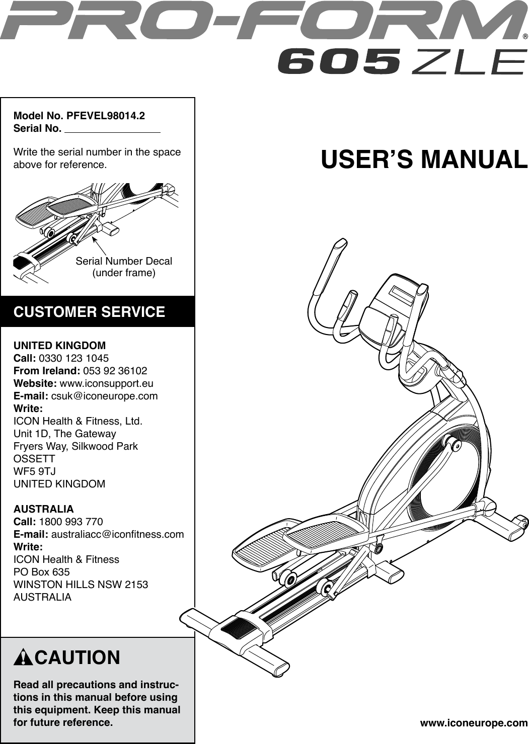 Proform Pfevel980142 605 Zle Elliptical Users Manual
