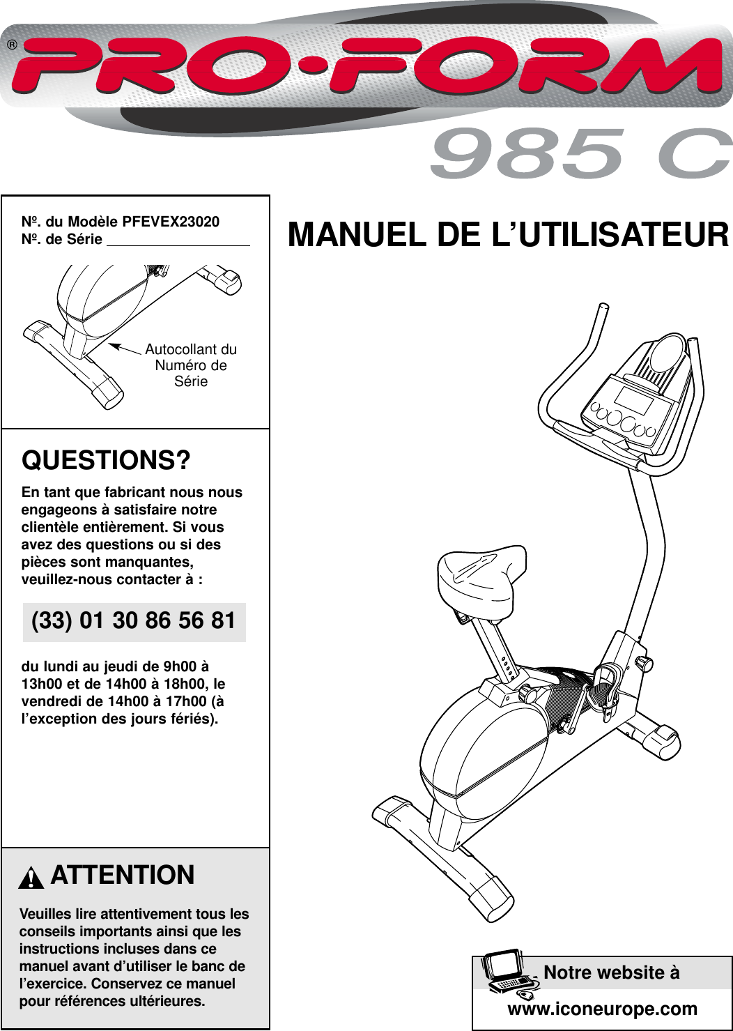 Proform Pfevex23020 985C Bike Users Manual