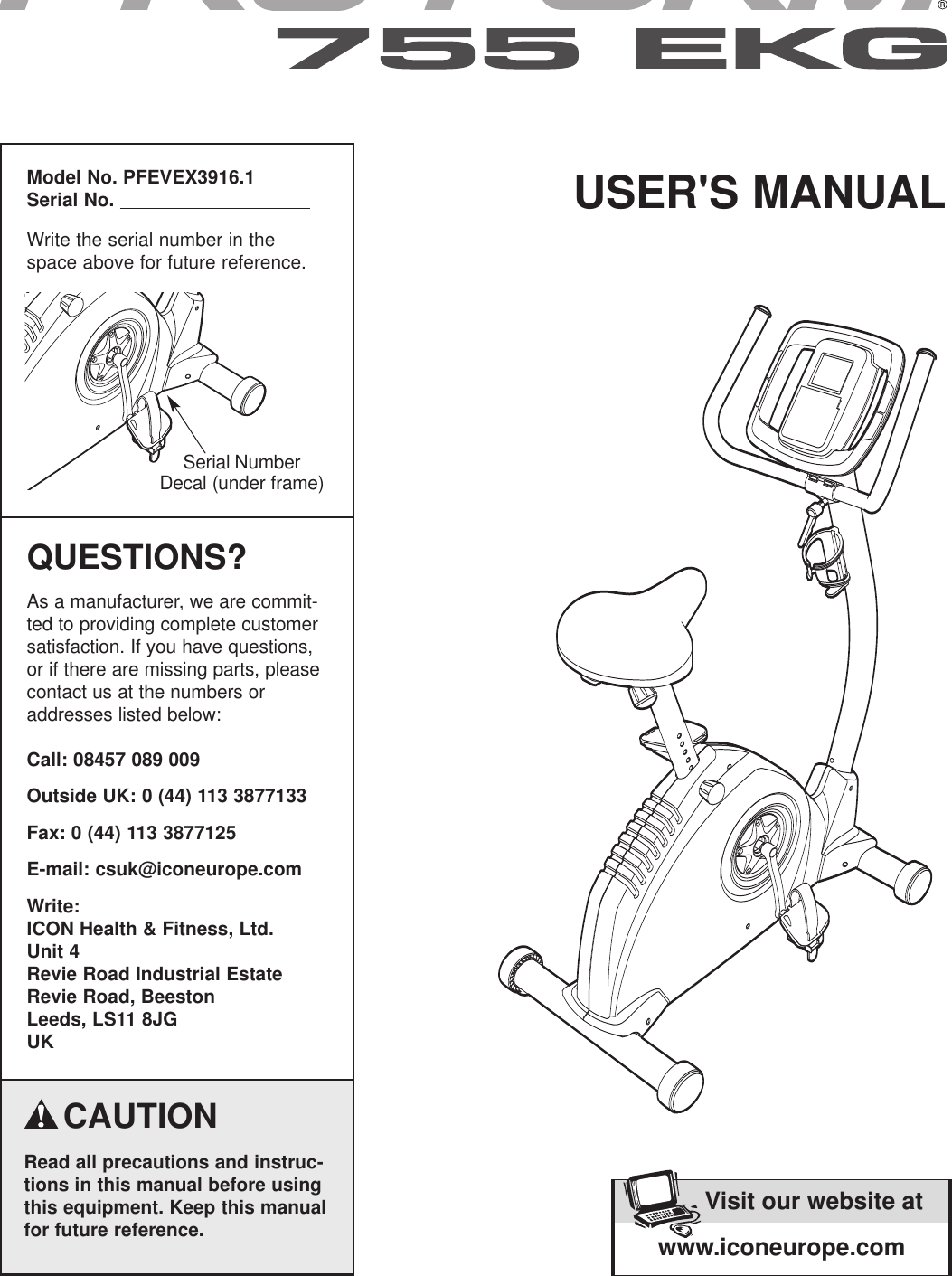 Proform Pfevex39161 455 Ekg Bike Users Manual