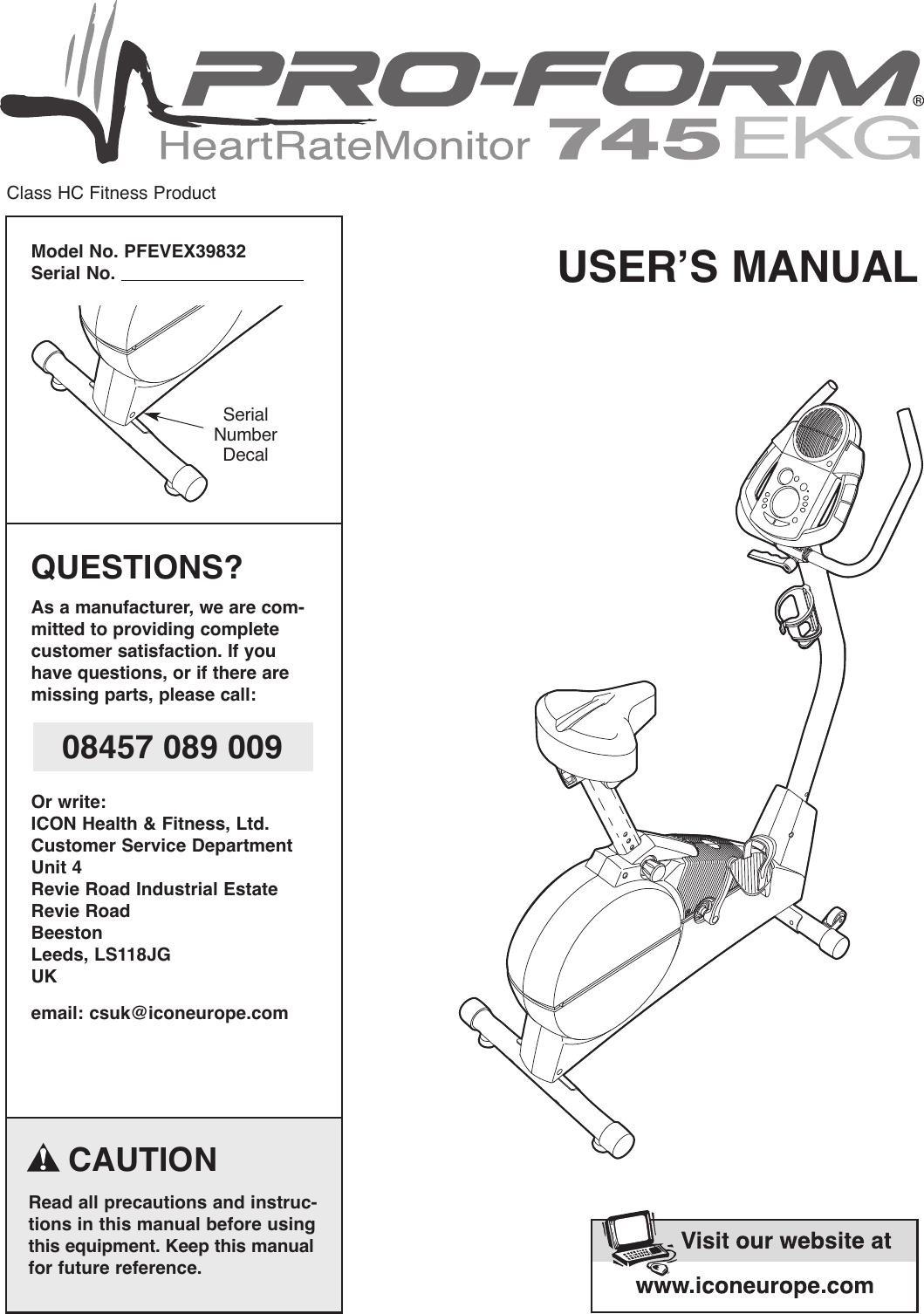 Proform Pfevex39832 745 Ekg Bike Users Manual 285430