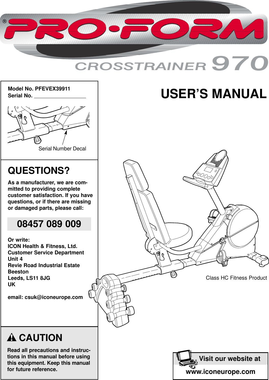 Proform Pfevex39911 Crosstrainer 970 Bike Users Manual