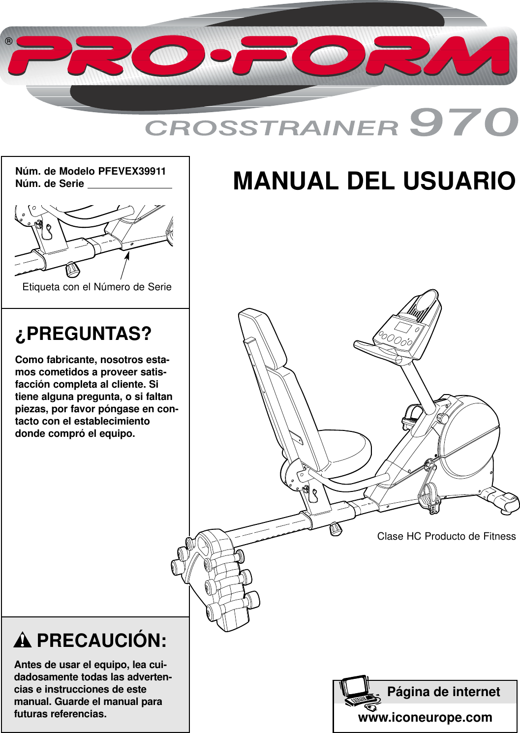 Proform Pfevex39911 Crosstrainer 970 Bike Users Manual