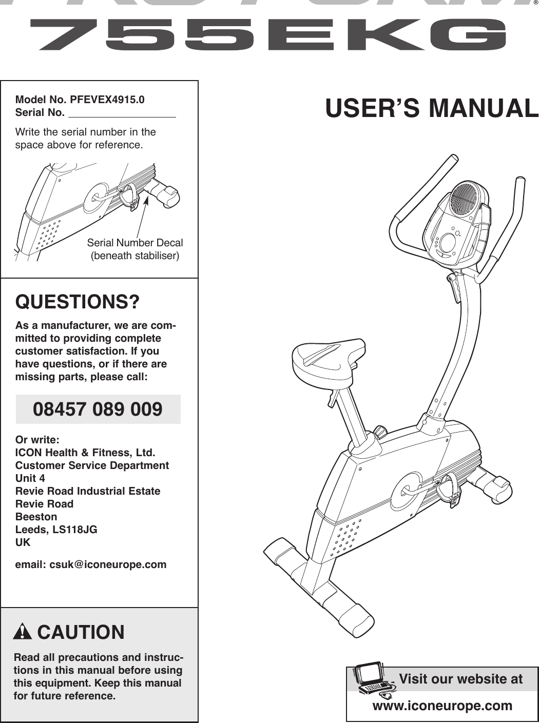 Proform Pfevex49150 755 Ekg Bike Users Manual 285430