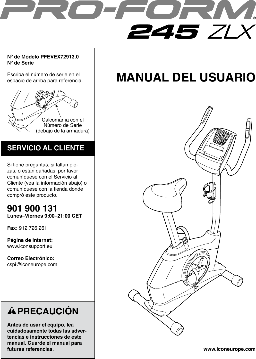 Proform Pfevex729130 245 Zlx Bike Users Manual