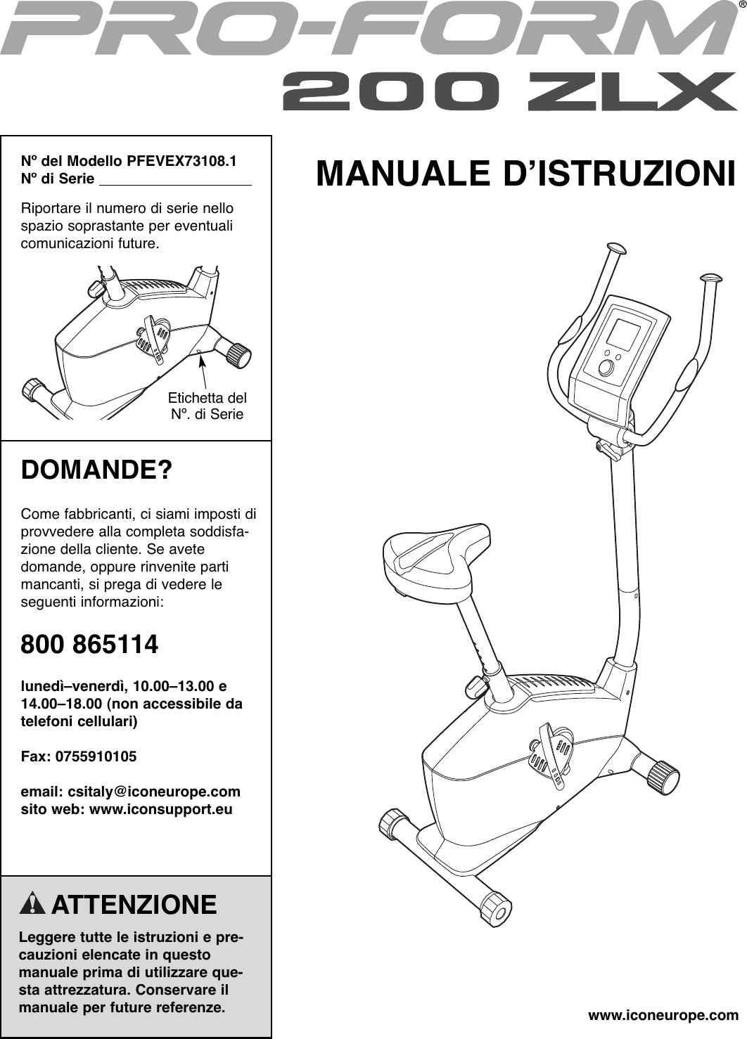 Proform Pfevex731081 200 Zlx Bike Users Manual 285430