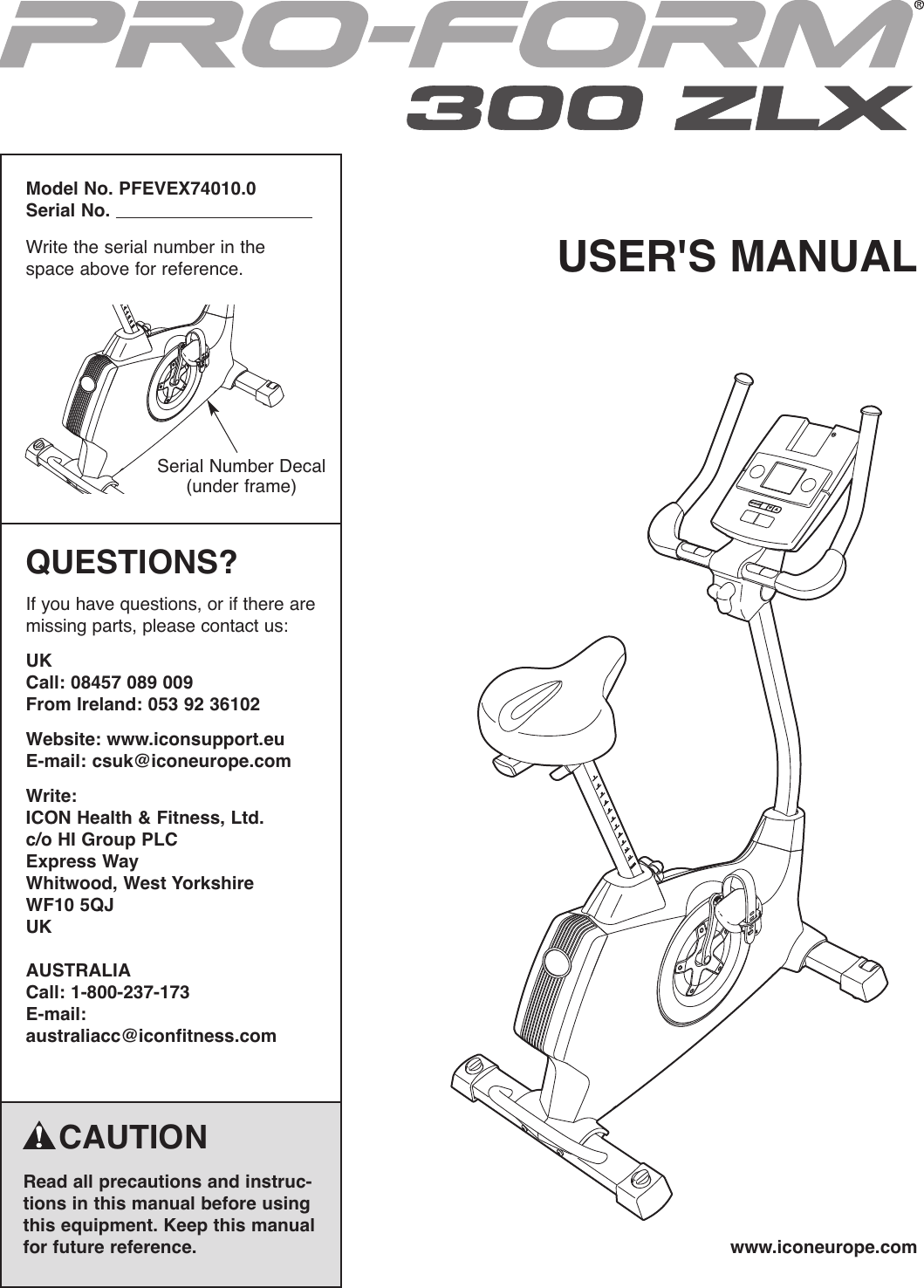 Proform Pfevex740100 300 Zlx Bike Users Manual 285430