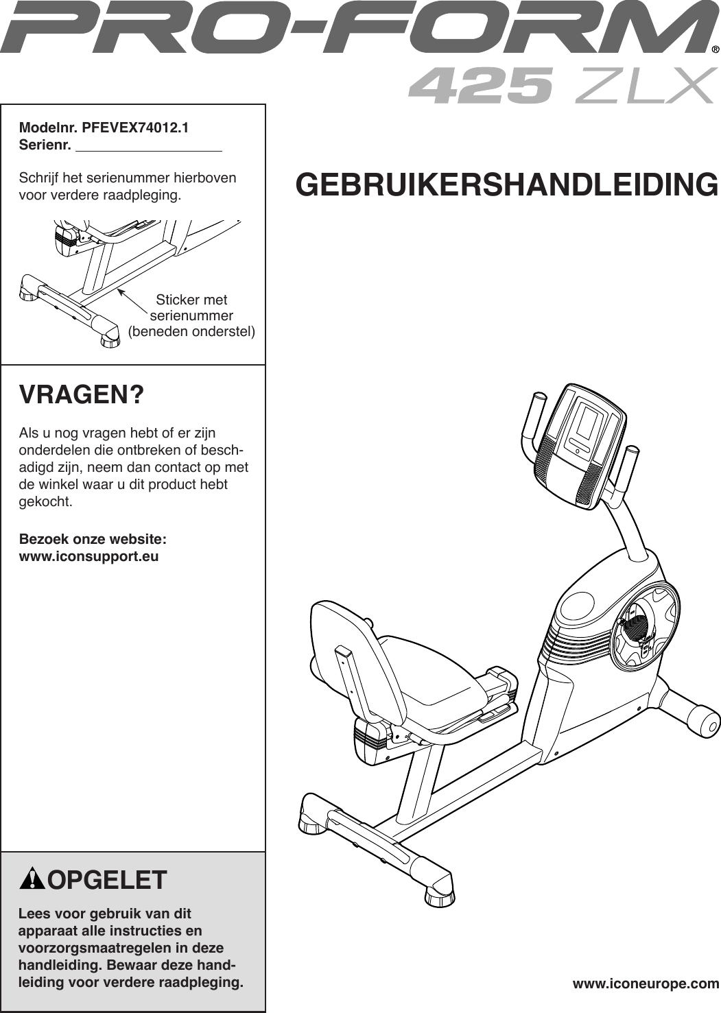 Proform Pfevex740121 425 Zlx Bike Users Manual