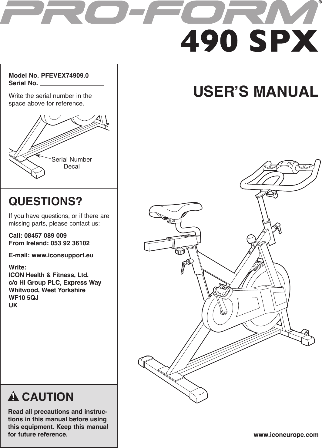 Proform Pfevex749090 490 Spx Spinner Bike Users Manual WLEVEX17831 ...