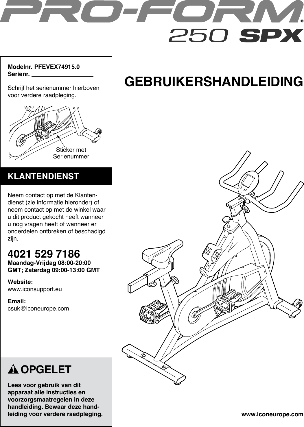Proform Pfevex749150 250 Spx Bike Users Manual