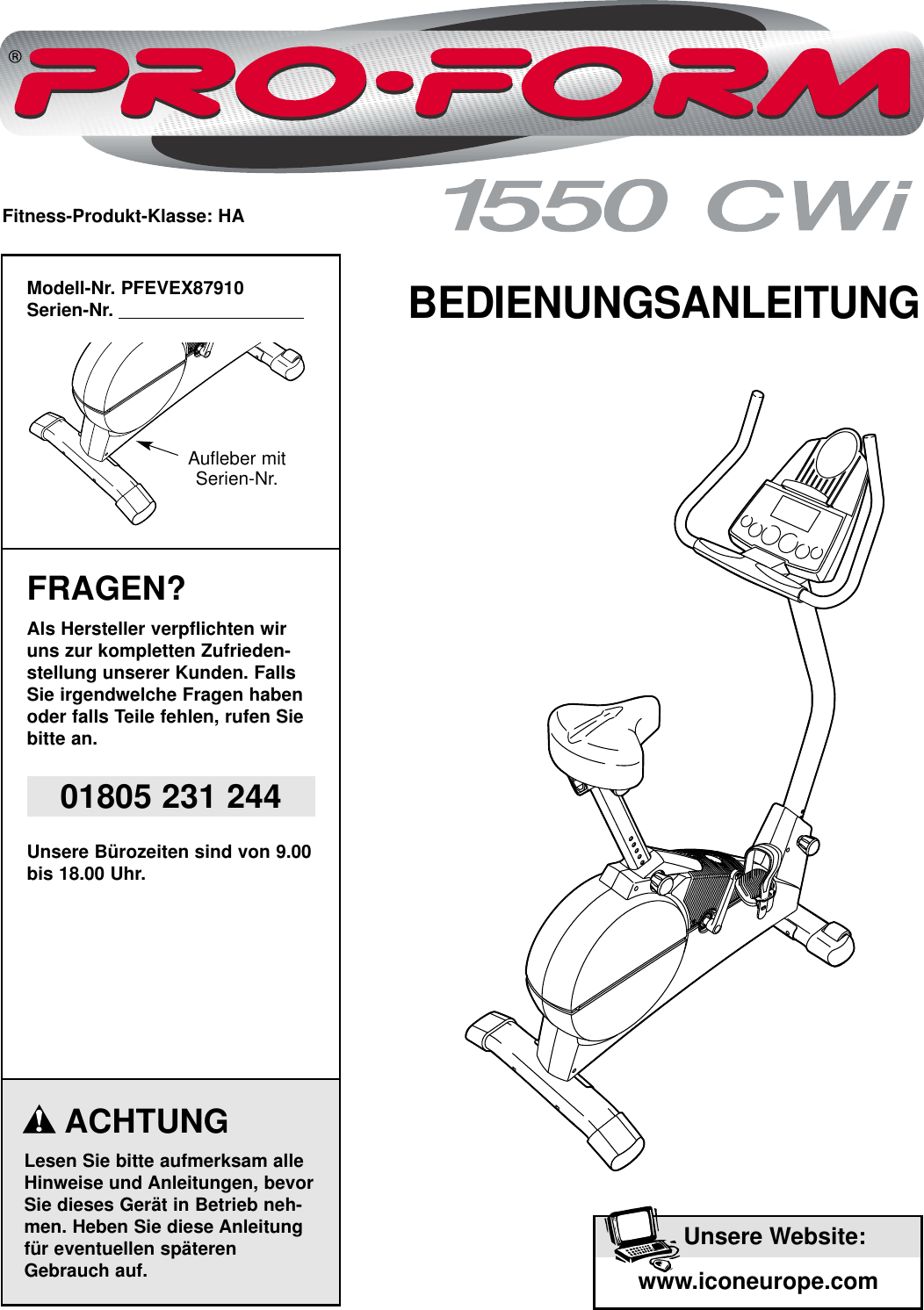 Proform Pfevex87910 1550C Wi Bike Users Manual