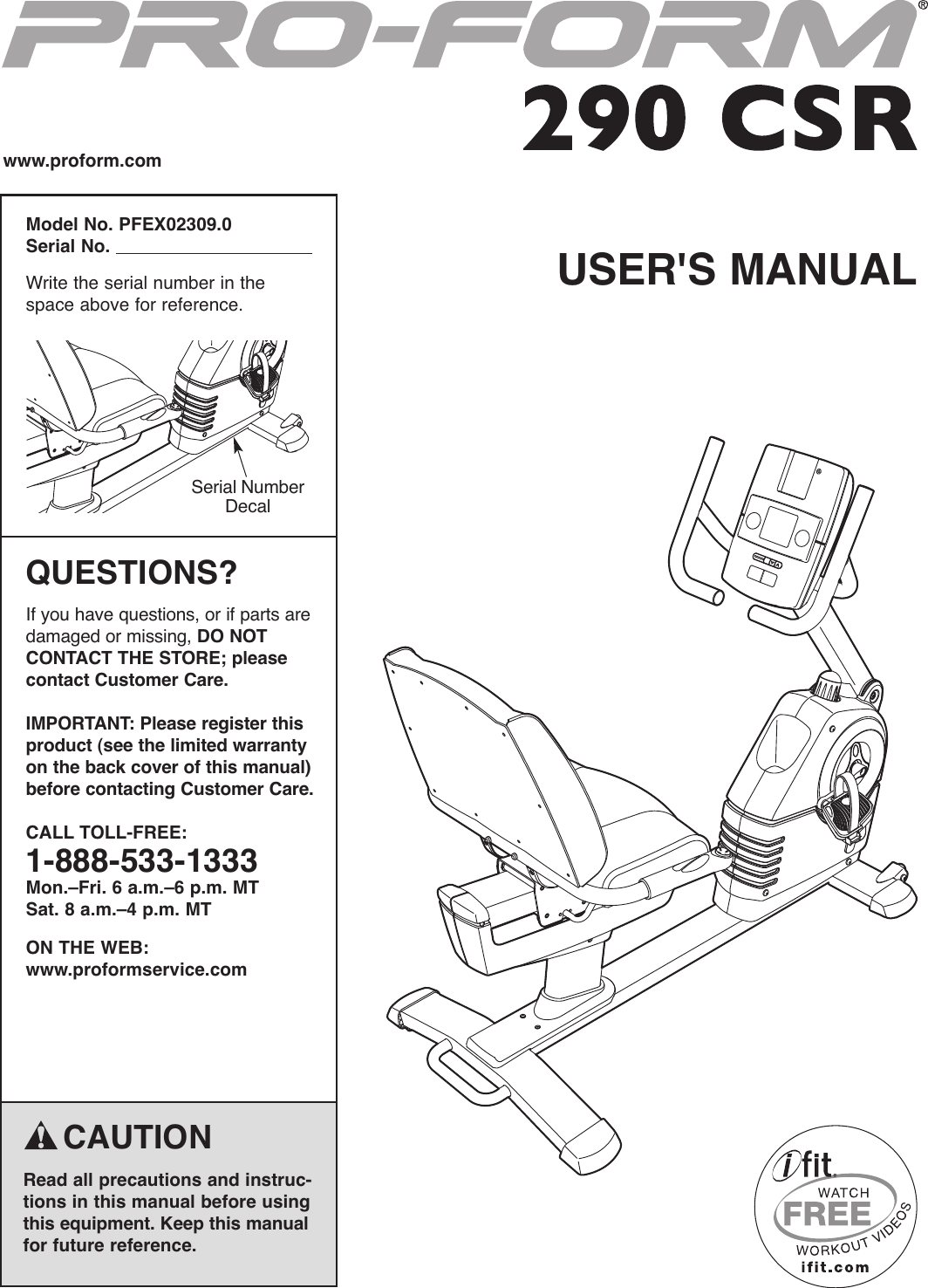 Proform Pfex023090 290 Csr Bike Users Manual 285430