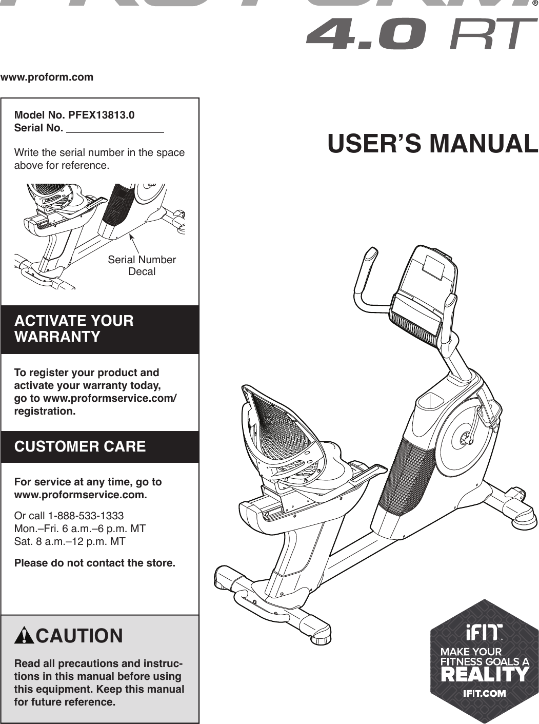 Proform Pfex138130 4 0 Rt Bike Users Manual