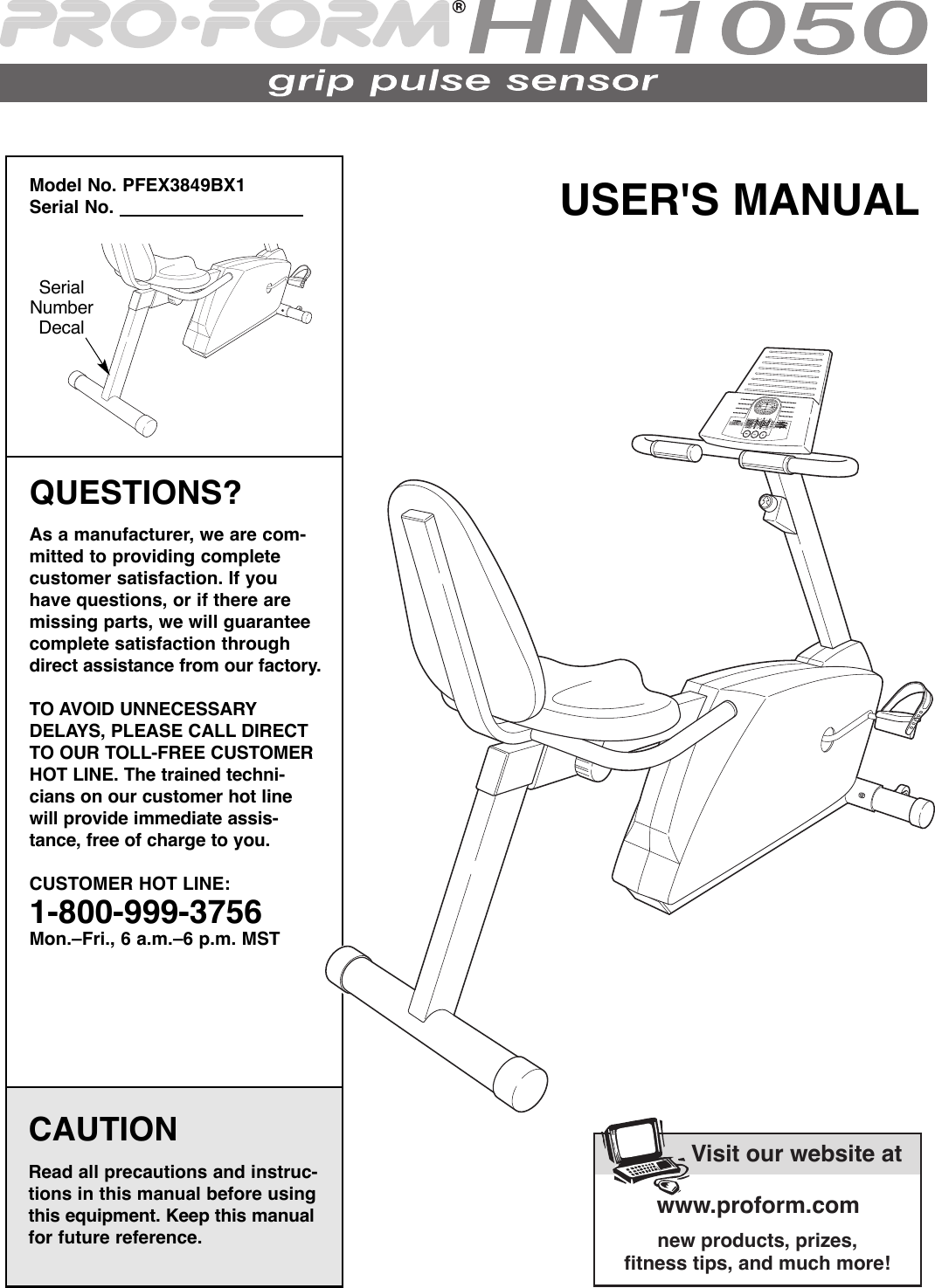 Proform Pfex3849Bx1 Hn1050 Bike Users Manual *PFEX3849BX1 171013