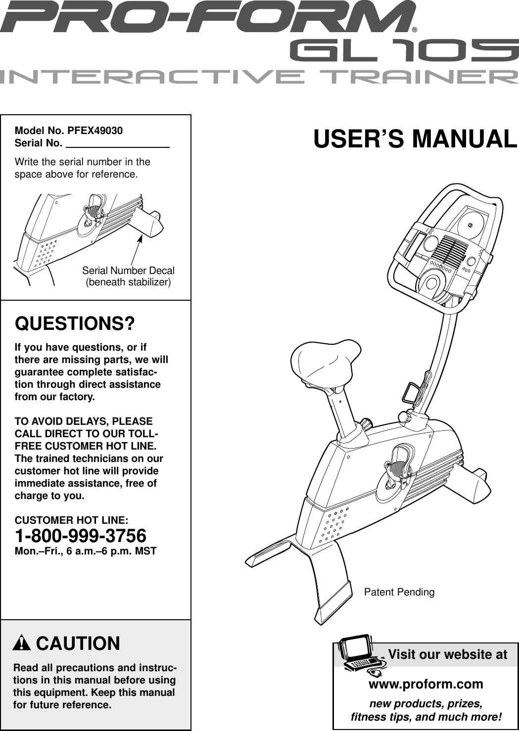 Proform Pfex49030 Gl105 Bike Users Manual *PFEX49030 200936