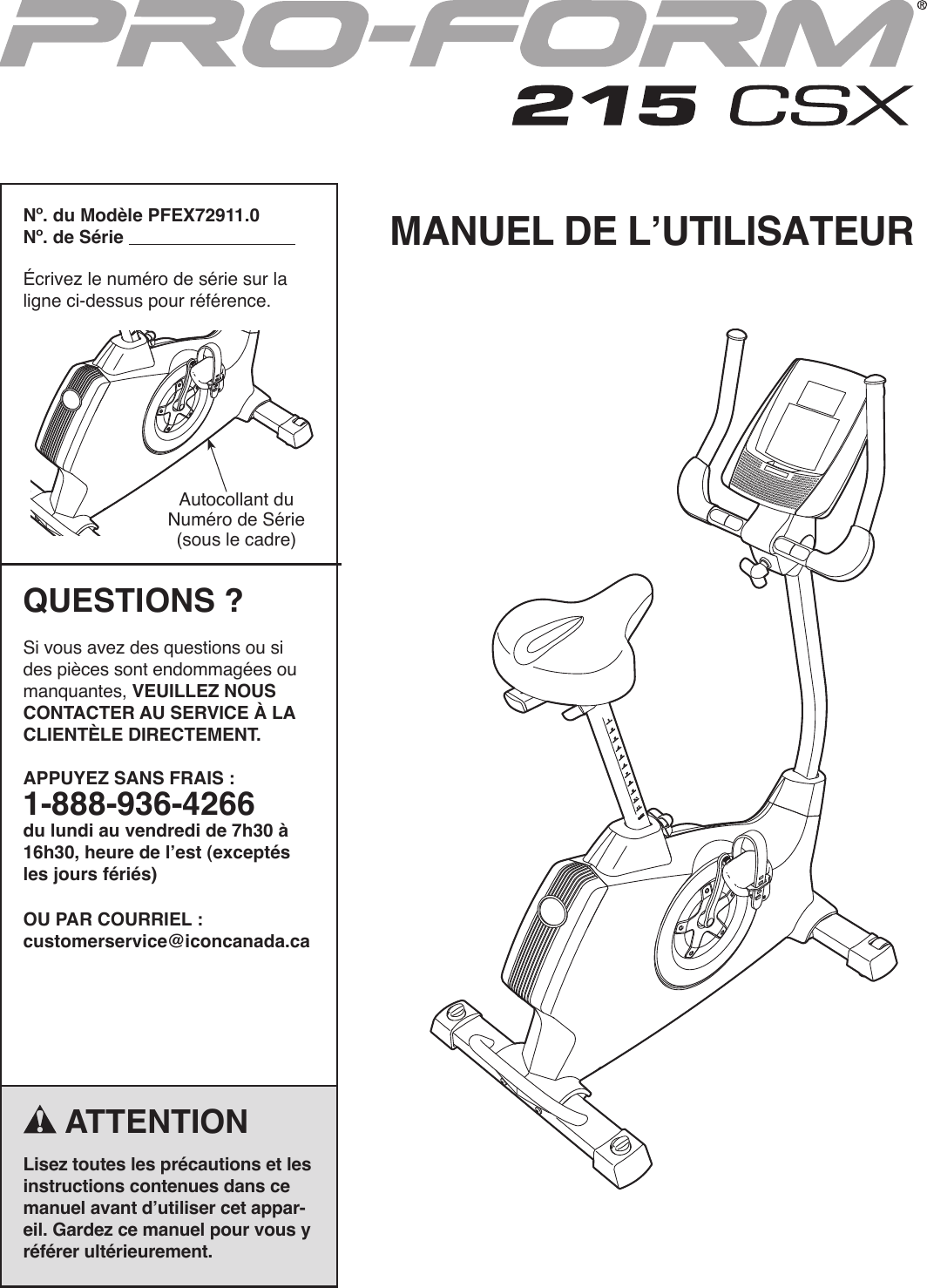 Proform Pfex729110 215 Csx Bike Users Manual