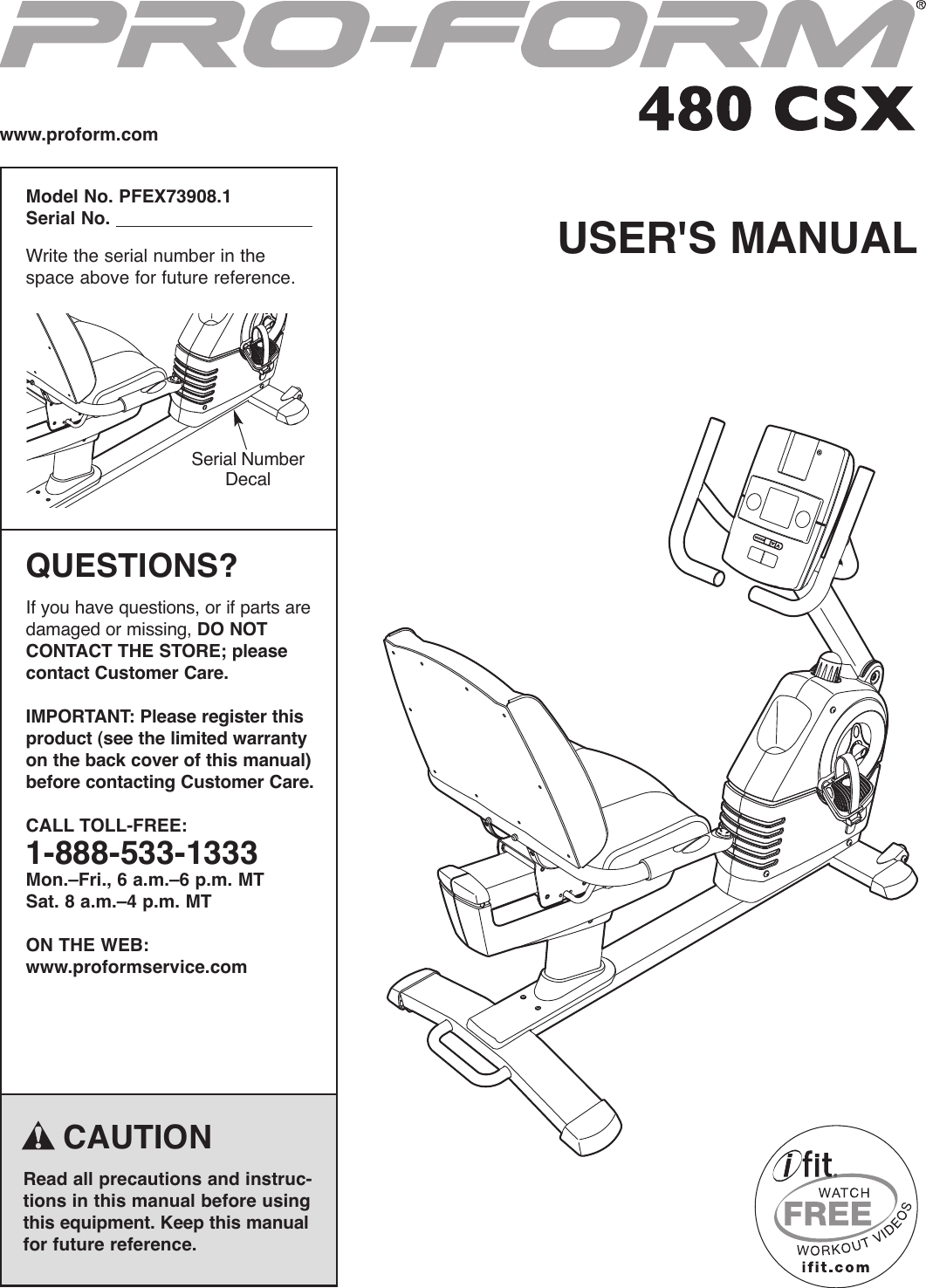 Proform Pfex739081 480 Csx Bike Users Manual 285430