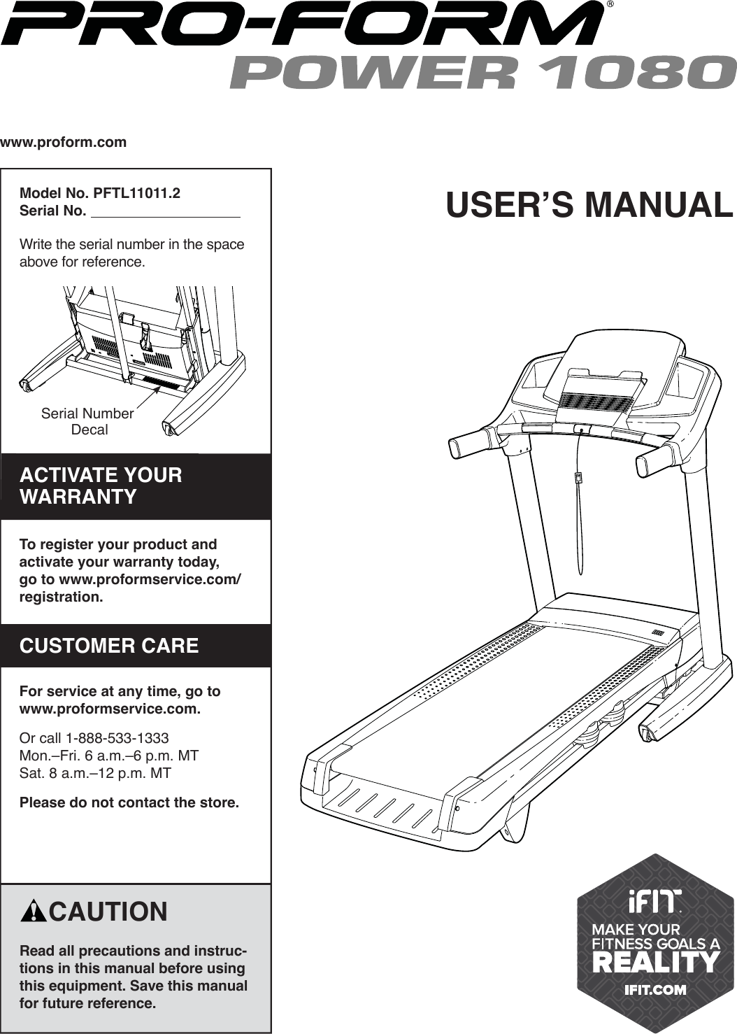 Proform Pftl110112 Power 1080 Treadmill Users Manual PFTL11011.2 345839