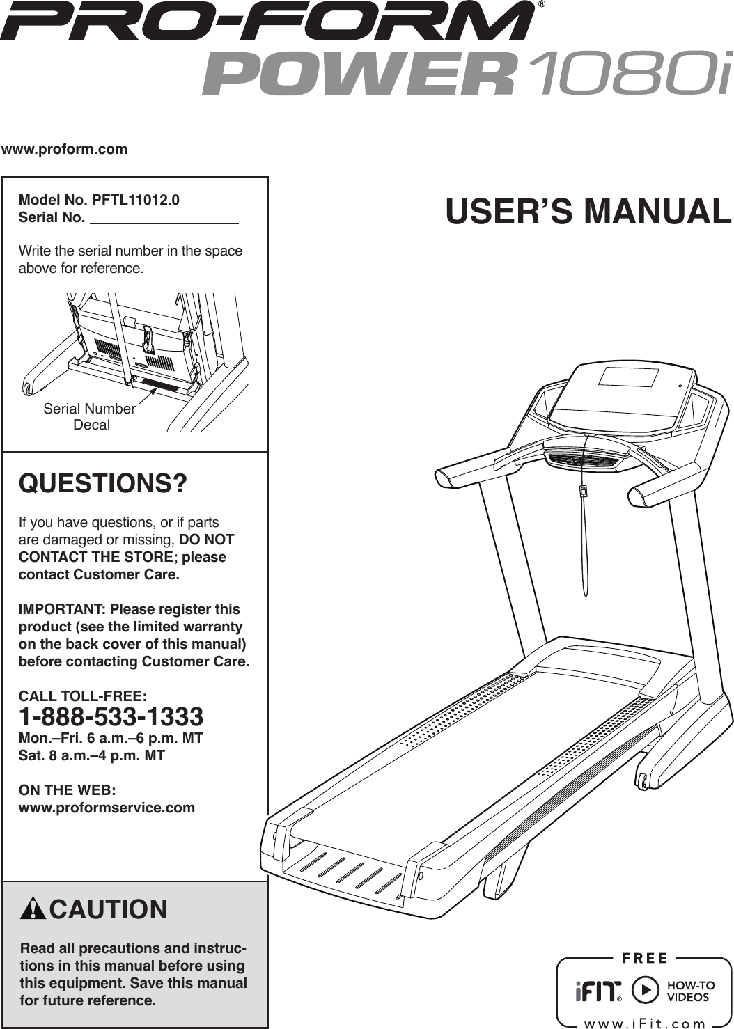 Proform Pftl110120 Power 1080I Treadmill Users Manual