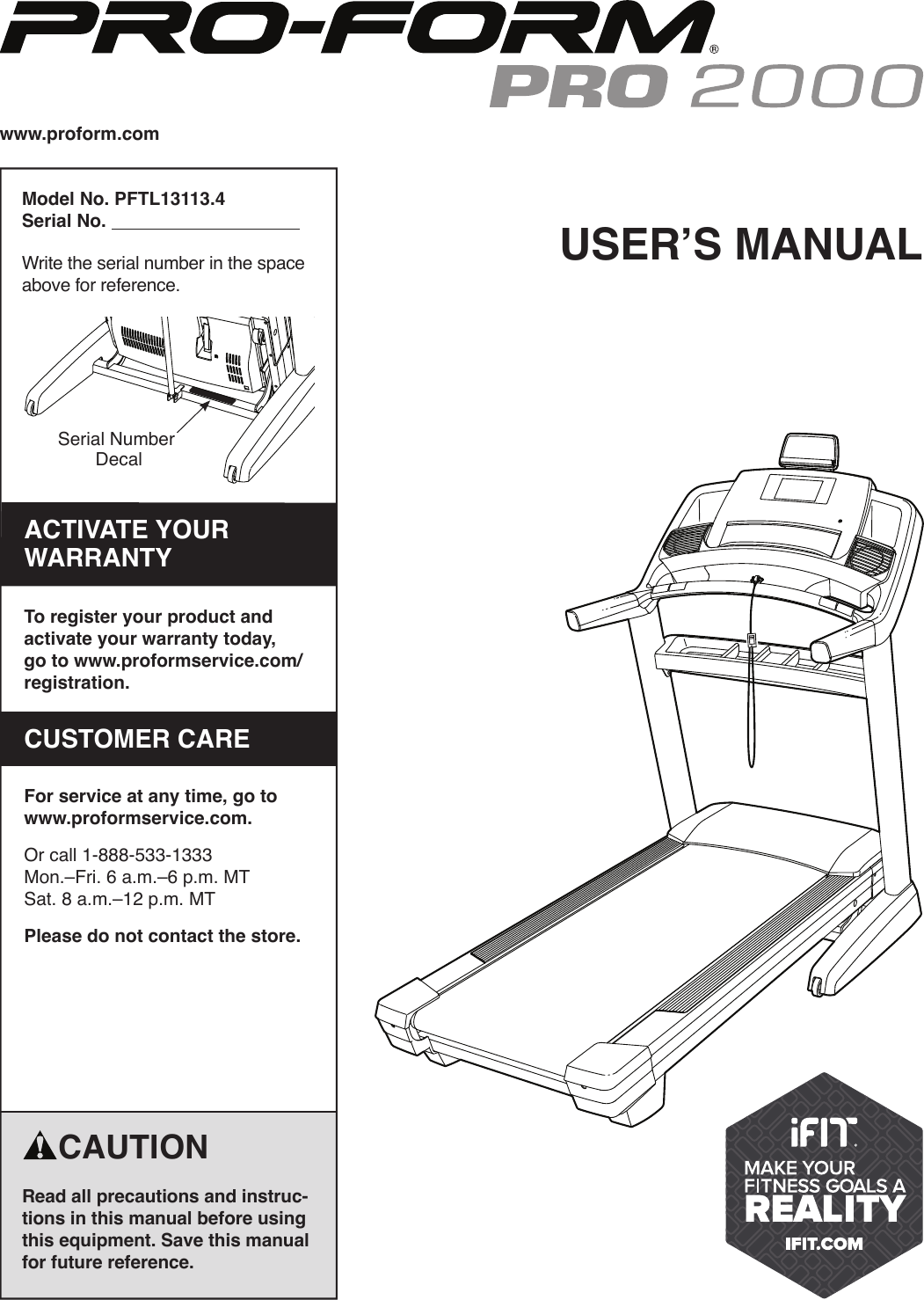 Proform Pftl131134 Pro 2000 Treadmill Users Manual