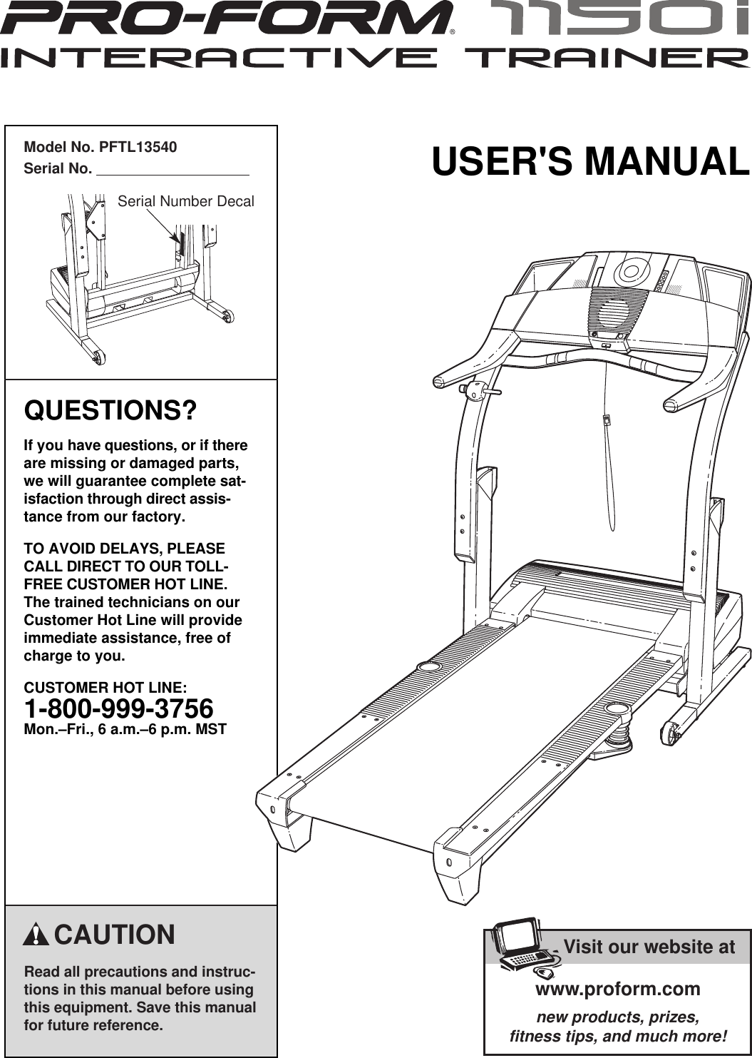Proform Pftl13540 1150I Treadmill W 5 Star Wt Training Pkg Users Manual