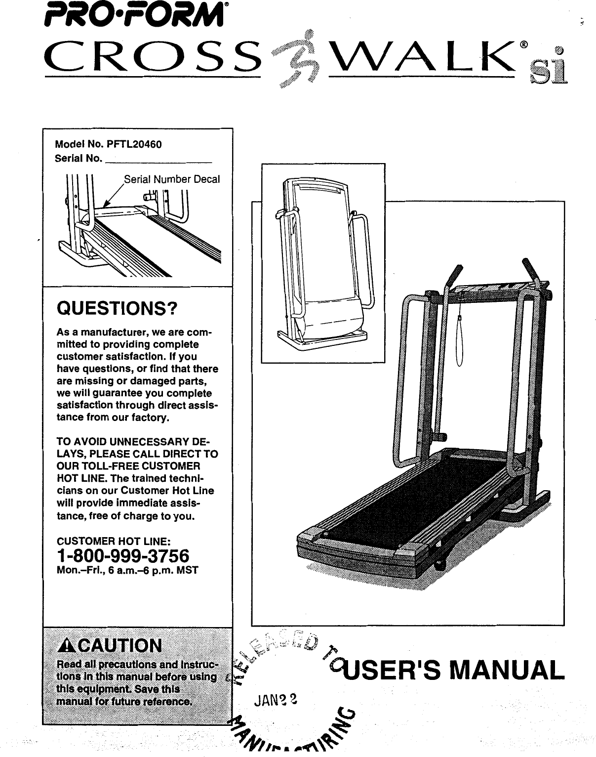 Proform Pftl20460 Crosswalk Si Treadmill Users Manual