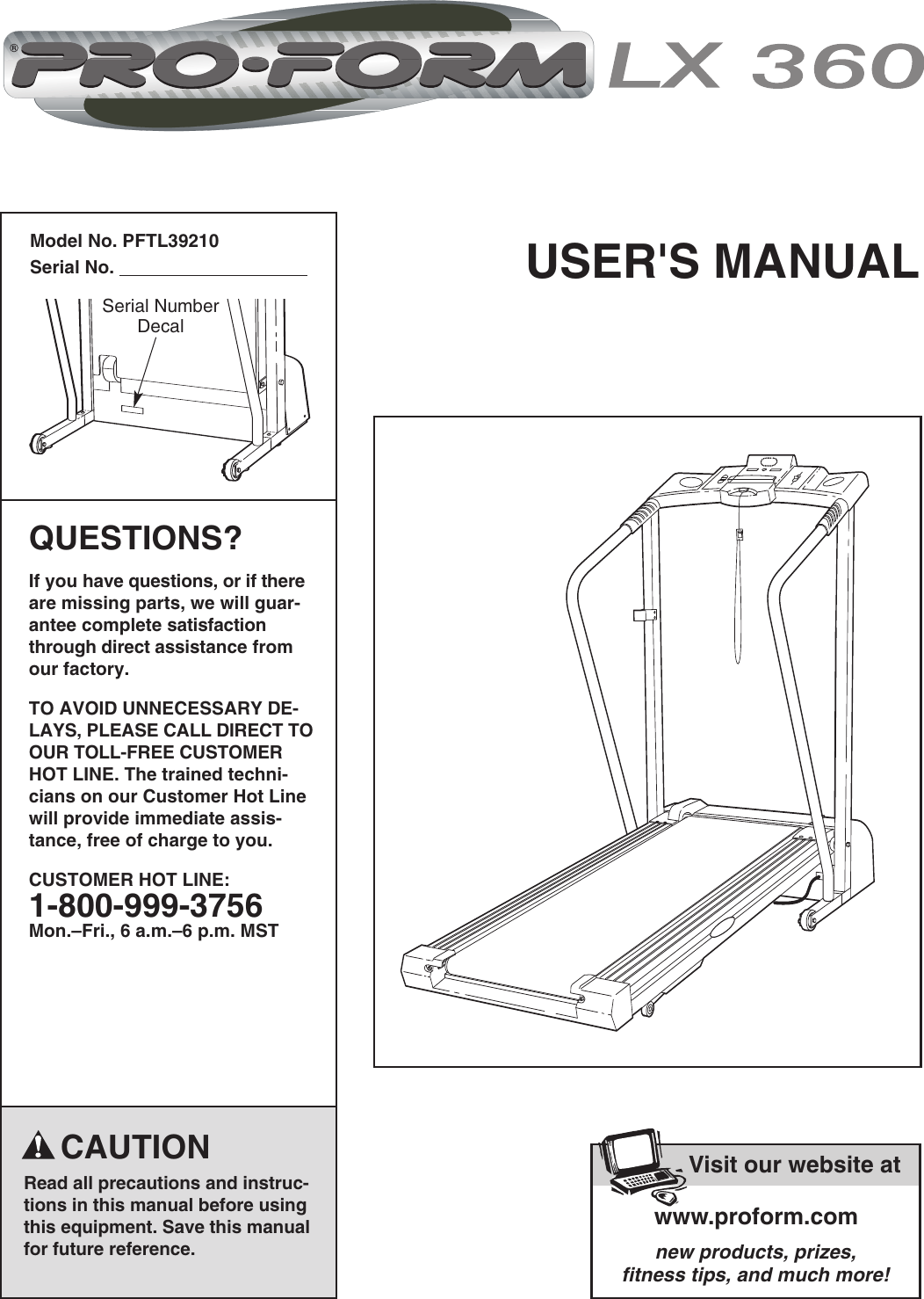 Proform Pftl39210 Lx 360 Treadmill Users Manual