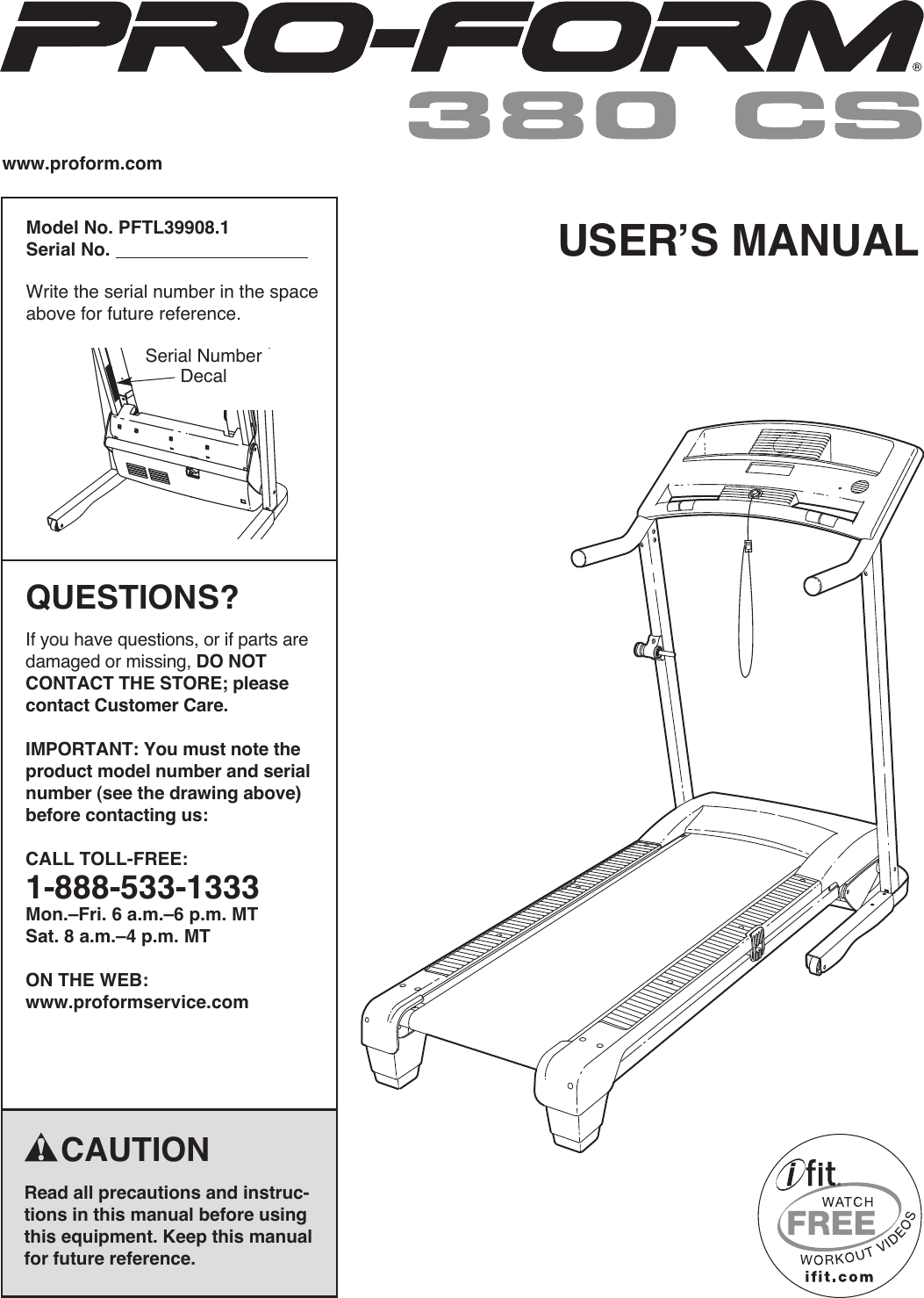 Proform Pftl399081 380 Cs Treadmill Users Manual WLTL19012 186811
