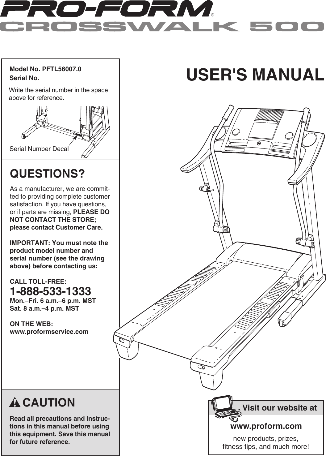 Proform Pftl560070 Crosswalk 500 Treadmill Users Manual *PFTL79022 201014