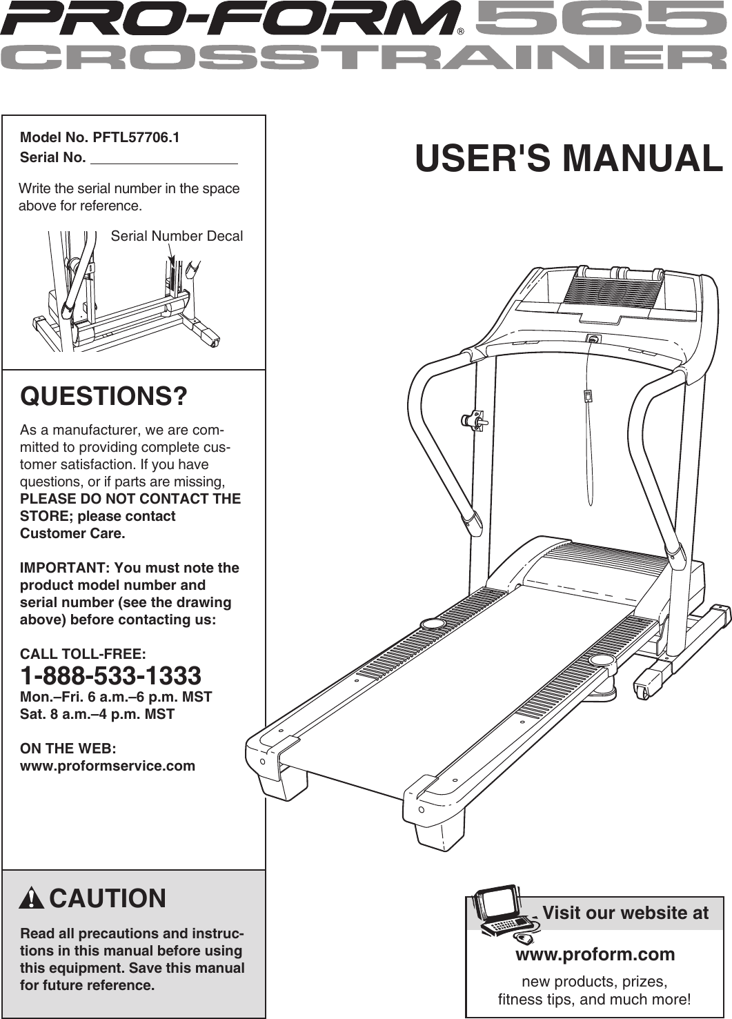 Proform Pftl577061 565 Crosstrainer Treadmill Users Manual *294060 204705