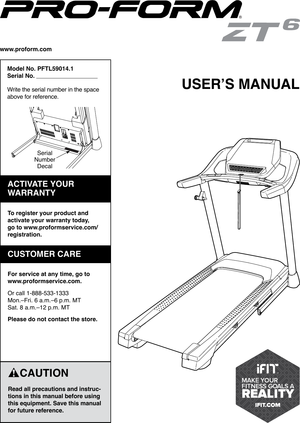 Proform Pftl590140 Zt6 Treadmill Users Manual