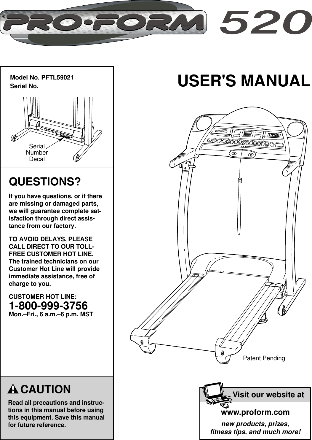 Proform Pftl59021 520 Treadmill Users Manual *PFTL59021 191752