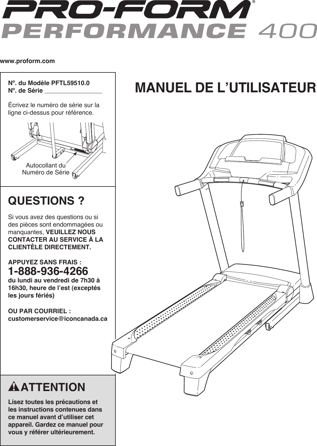 Proform Pftl595100 Performance 400 Treadmill Users Manual