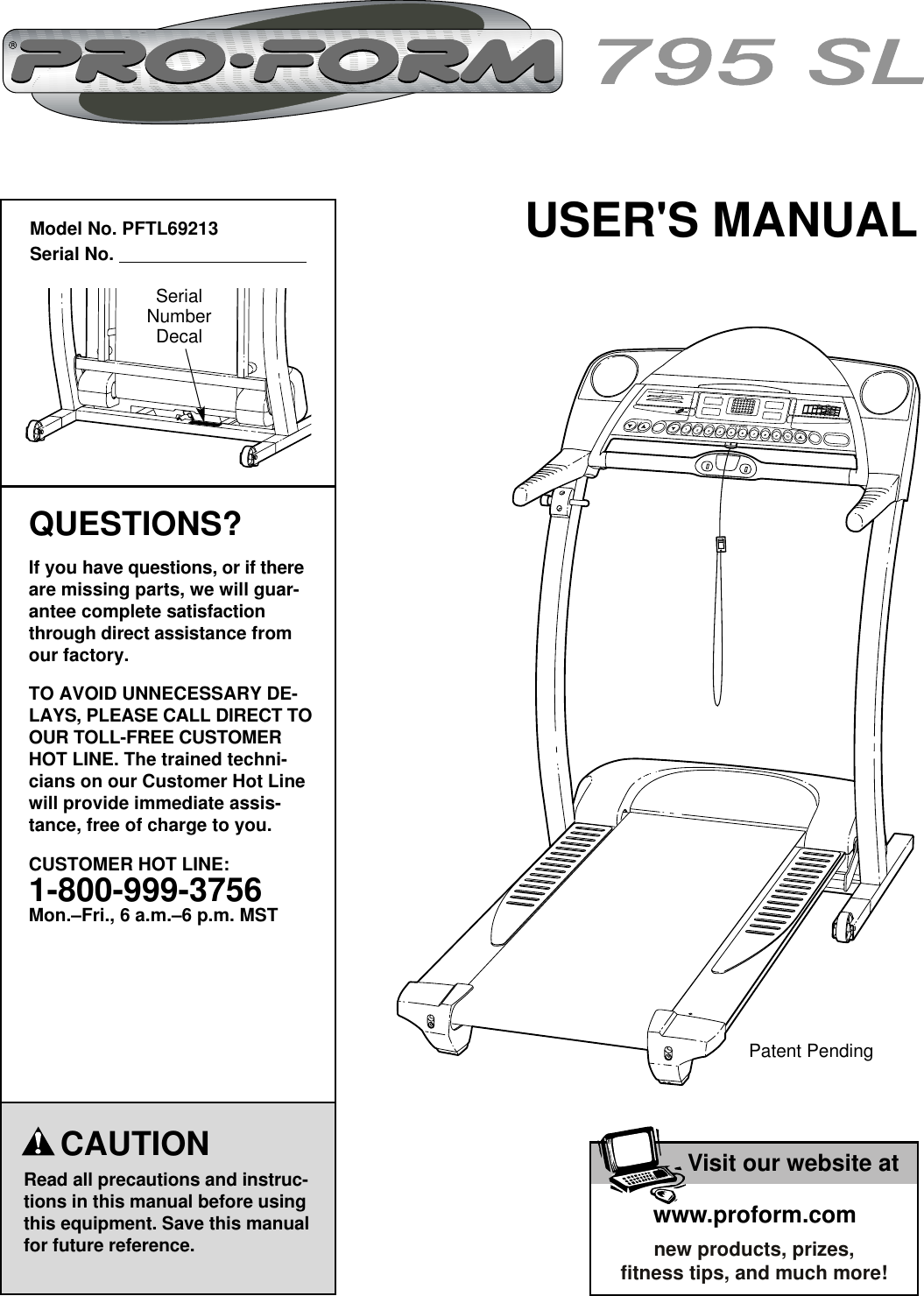 Proform Pftl69213 795Sl Glx760 Treadmill Users Manual