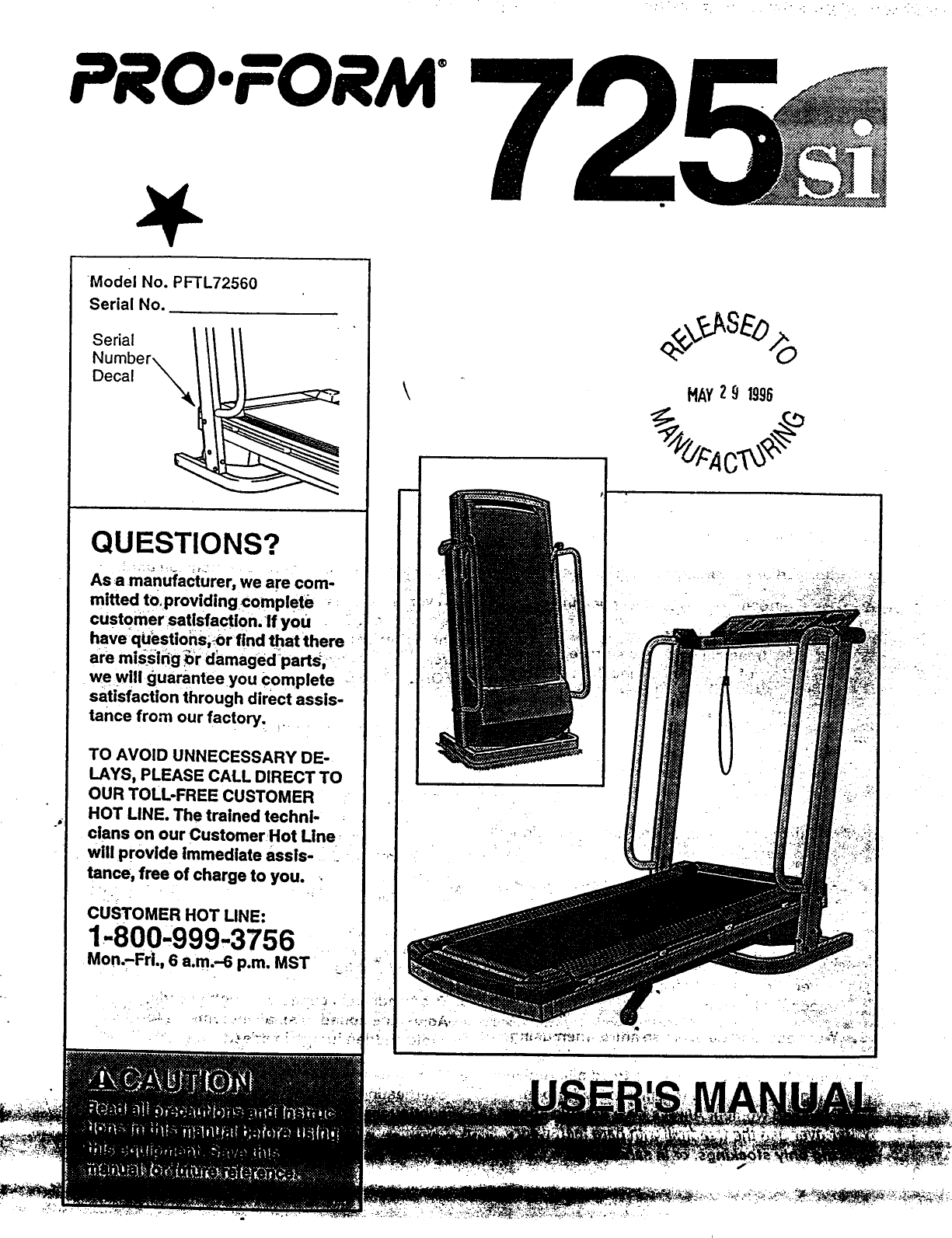 Proform Pftl72560 725Si Treadmill Users Manual