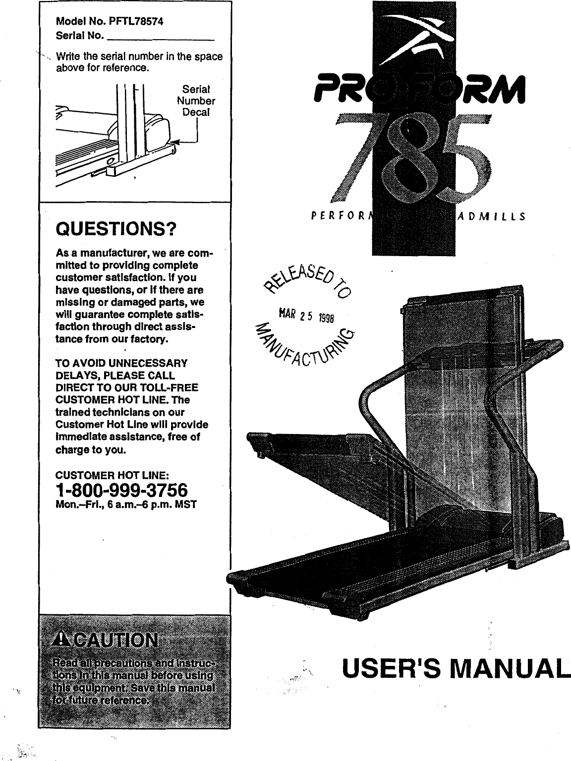 Proform Pftl78574 785 Treadmill Users Manual