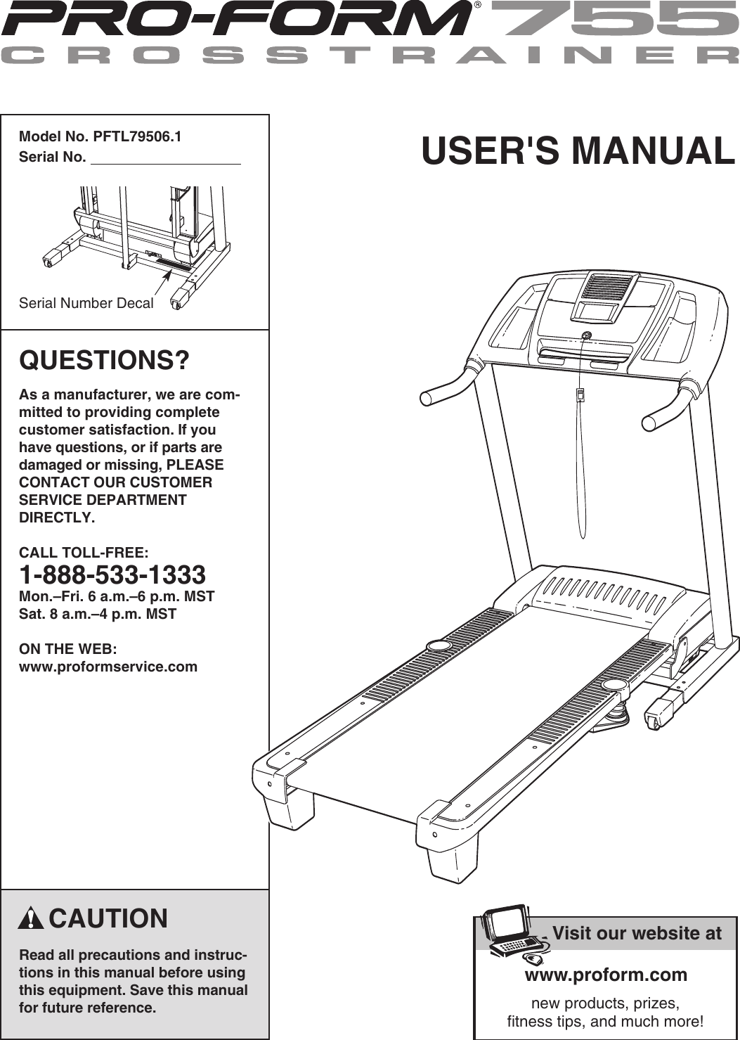 Proform Pftl795061 755 Crosstrainer Treadmill Users Manual *PFTL79022 ...