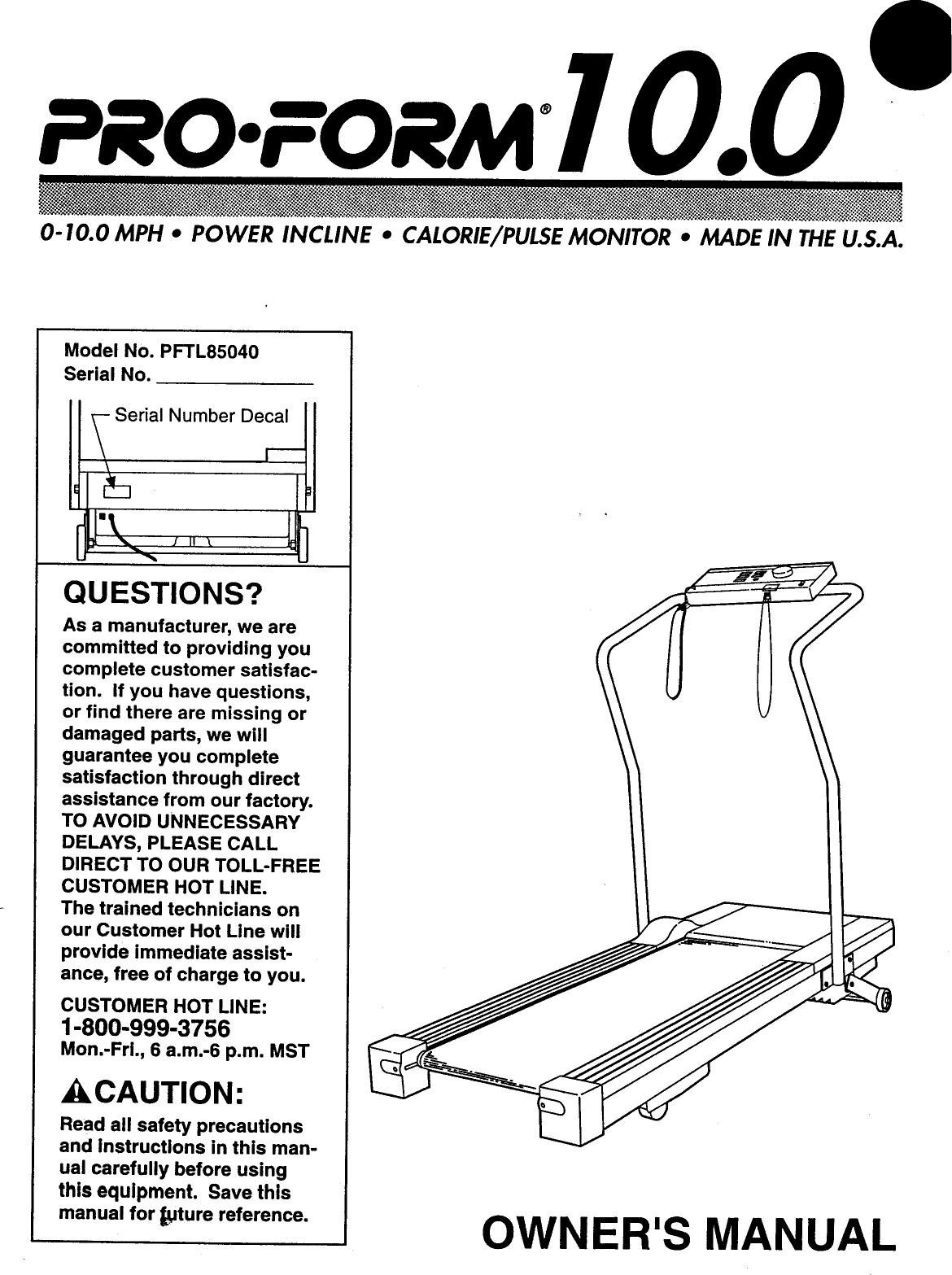 Proform Pftl85040 10 0 Treadmill Users Manual