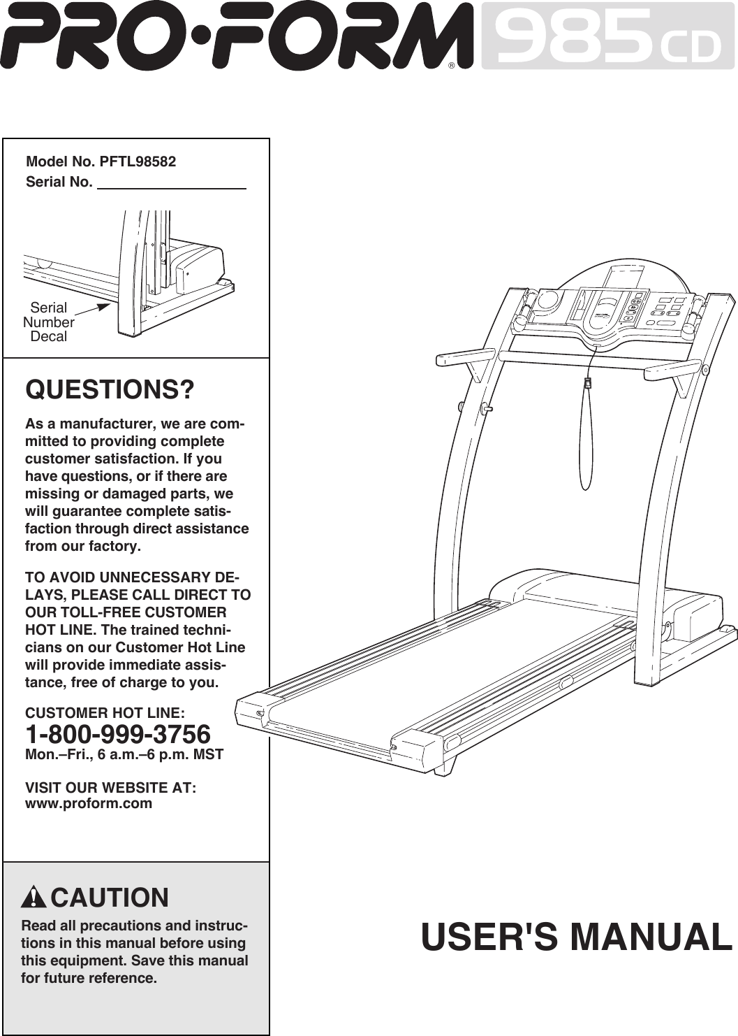 Proform Pftl98582 985Cd Treadmill Users Manual *PFTL98582 155982