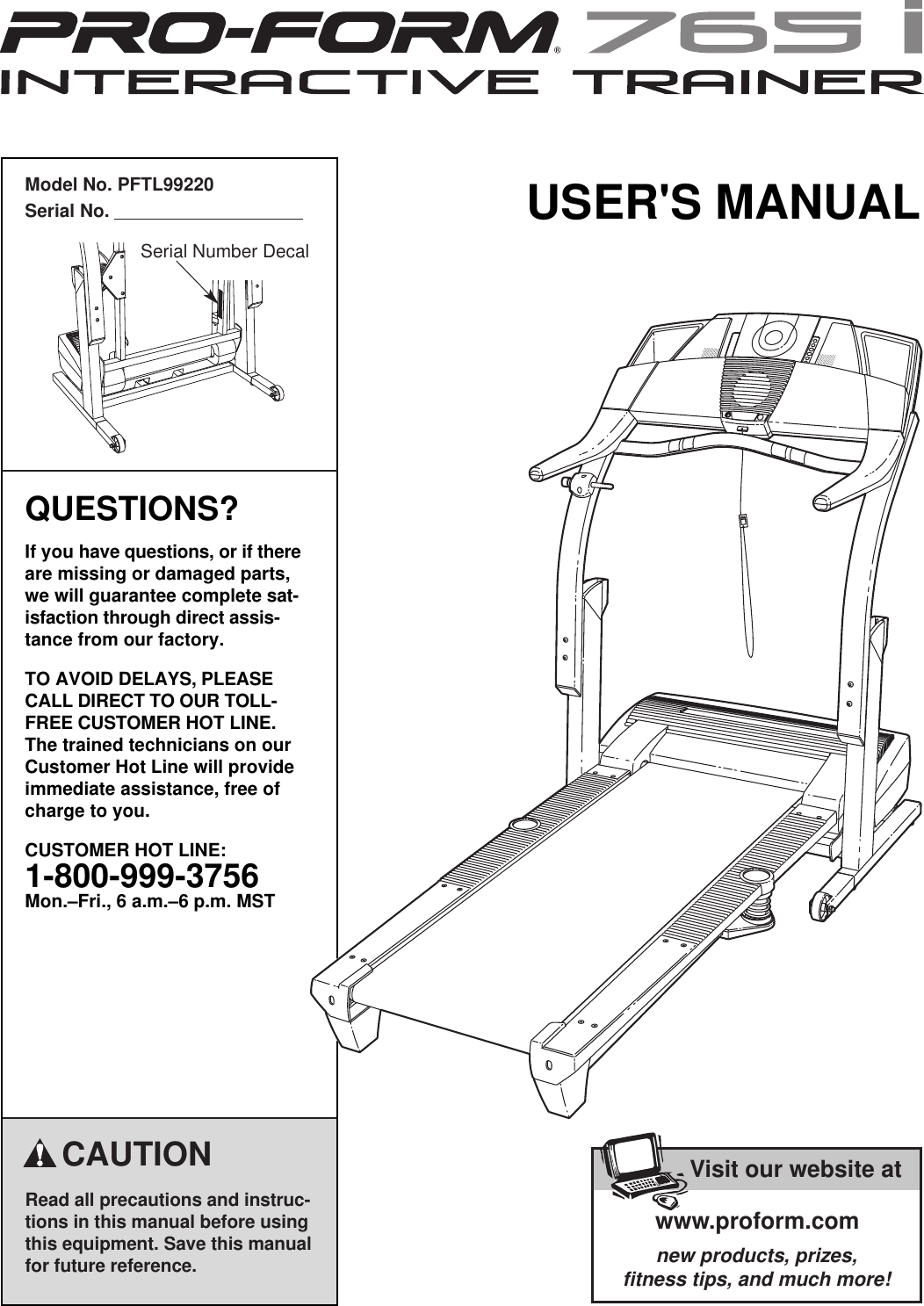 Proform Pftl99220 765I Interactive Trainer Treadmill Users Manual